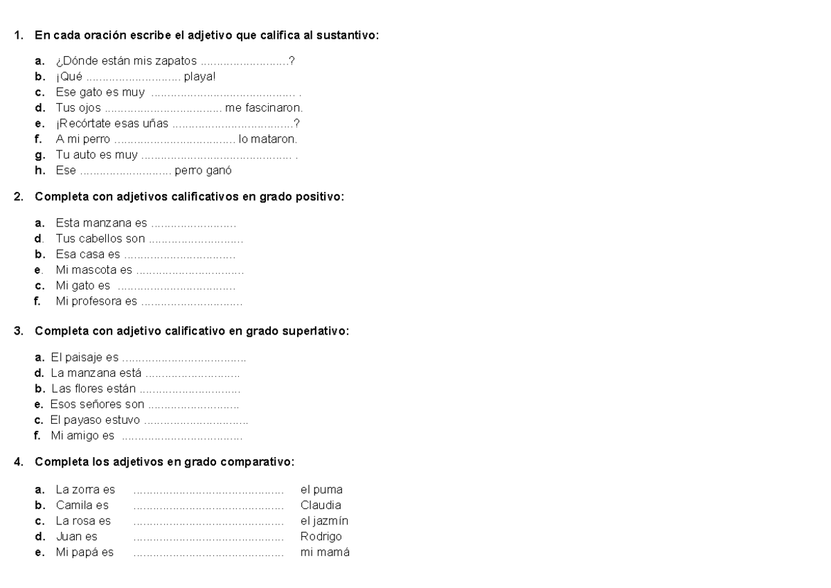 Ejercicios de Adjetivos: Clase de Español 101 - Studocu