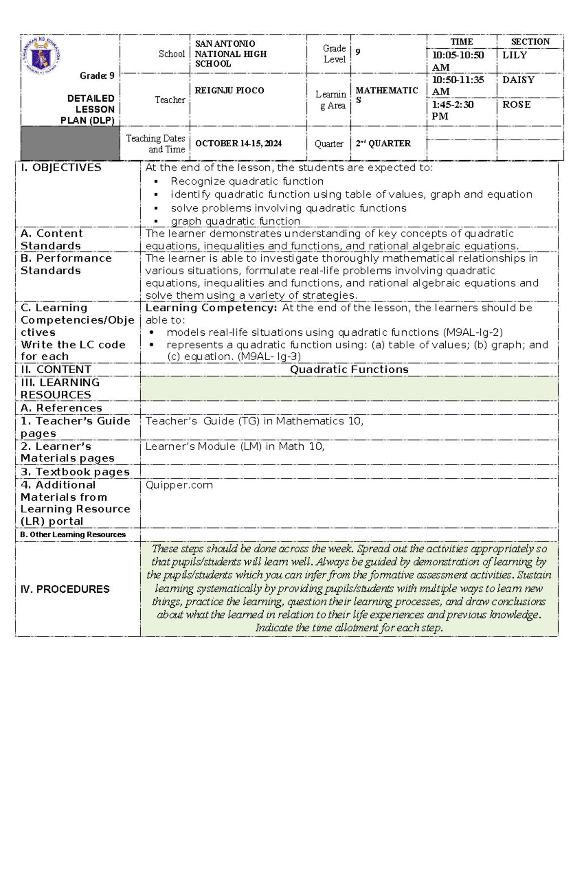 Quadratic Functions Lesson Plan - DLP Math 9 Q1 - Studocu