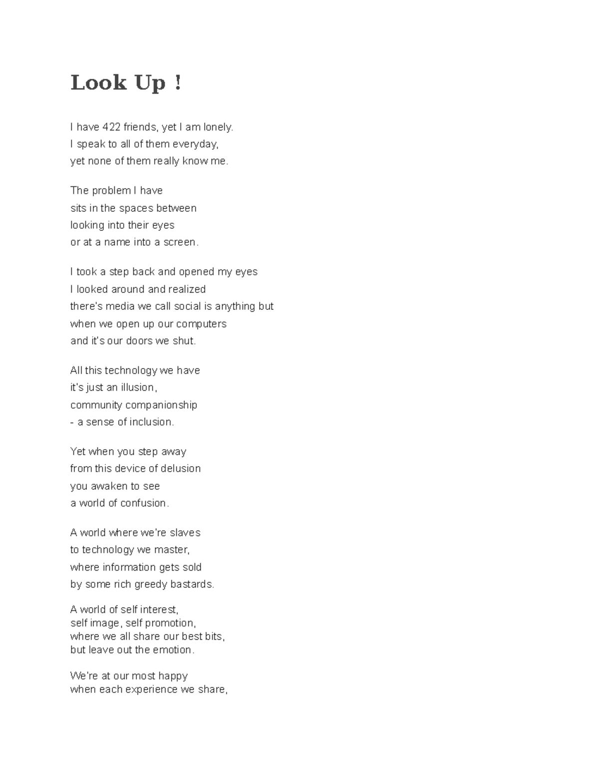 ENG 101: Poem Analysis - "Look Up" by Gary Turk - Studocu