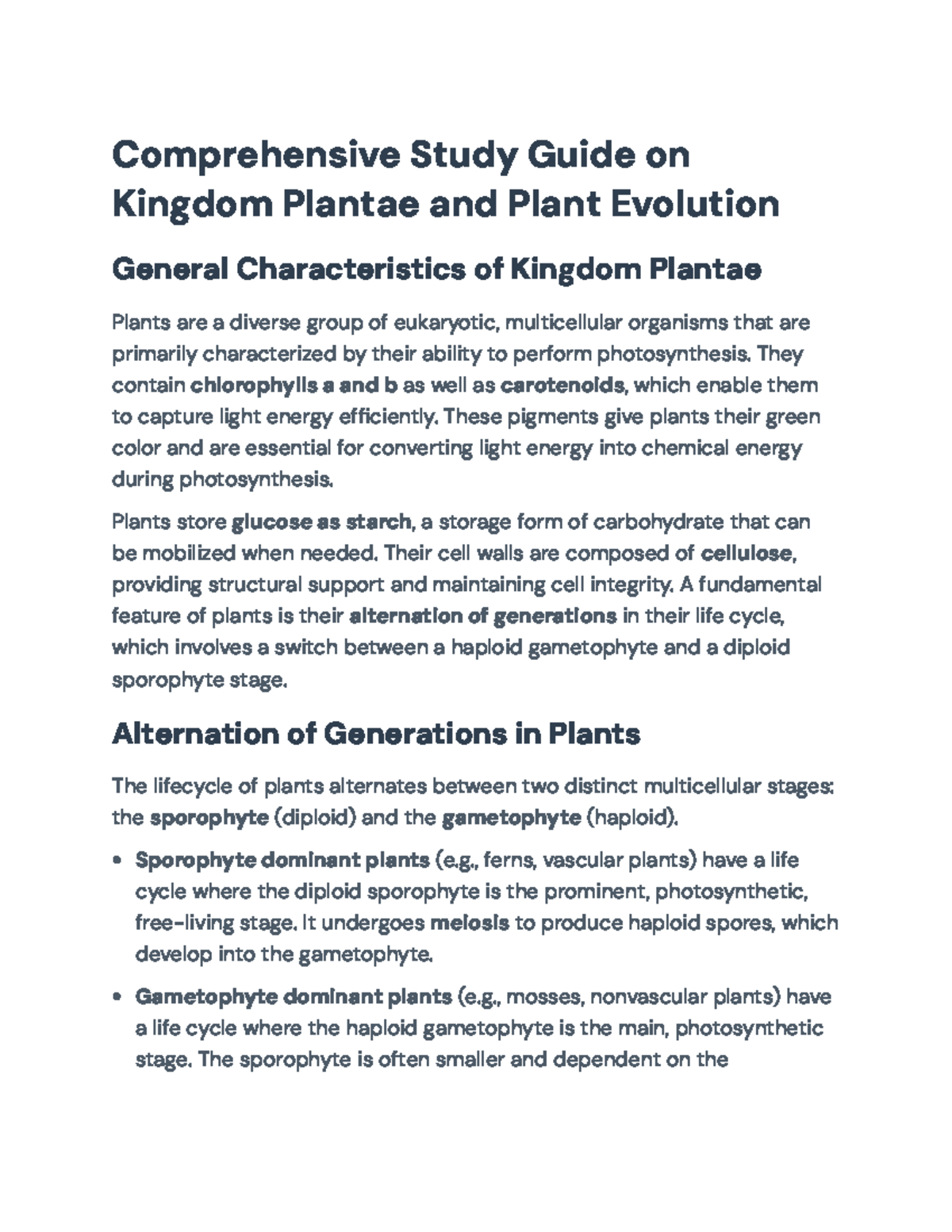 Comprehensive Study Guide: Kingdom Plantae & Plant Evolution (BIO101 ...