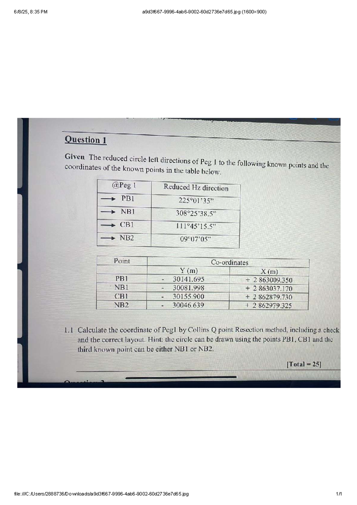 Calculating Peg 1 Coordinates Using Resection Method - A9D3F667 - Studocu