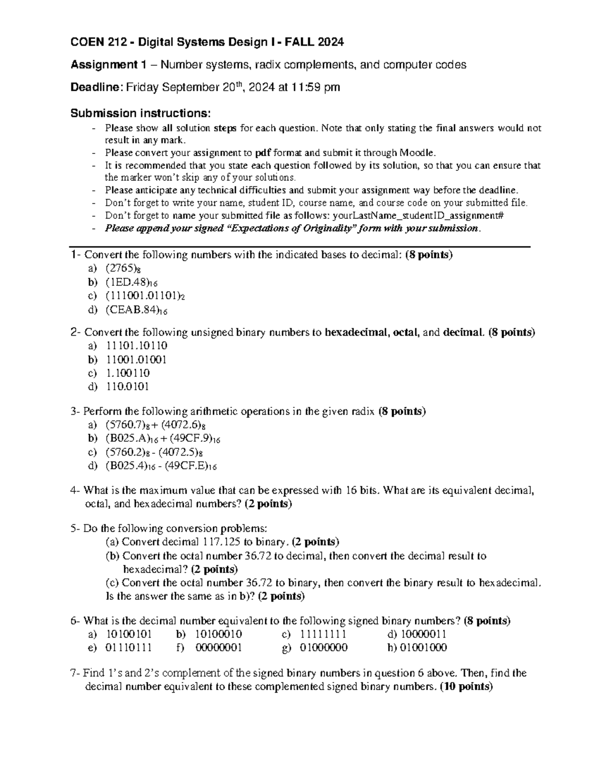 COEN 212 Fall 2024 Assignment 1: Number Systems & Codes - Studocu