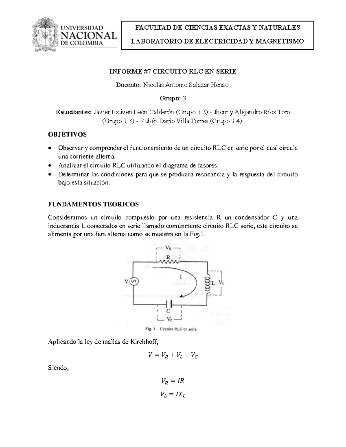 Laboratorio #7 Circuito RLC - Fisica Electricidad Y Magnetismo 2024-2 ...