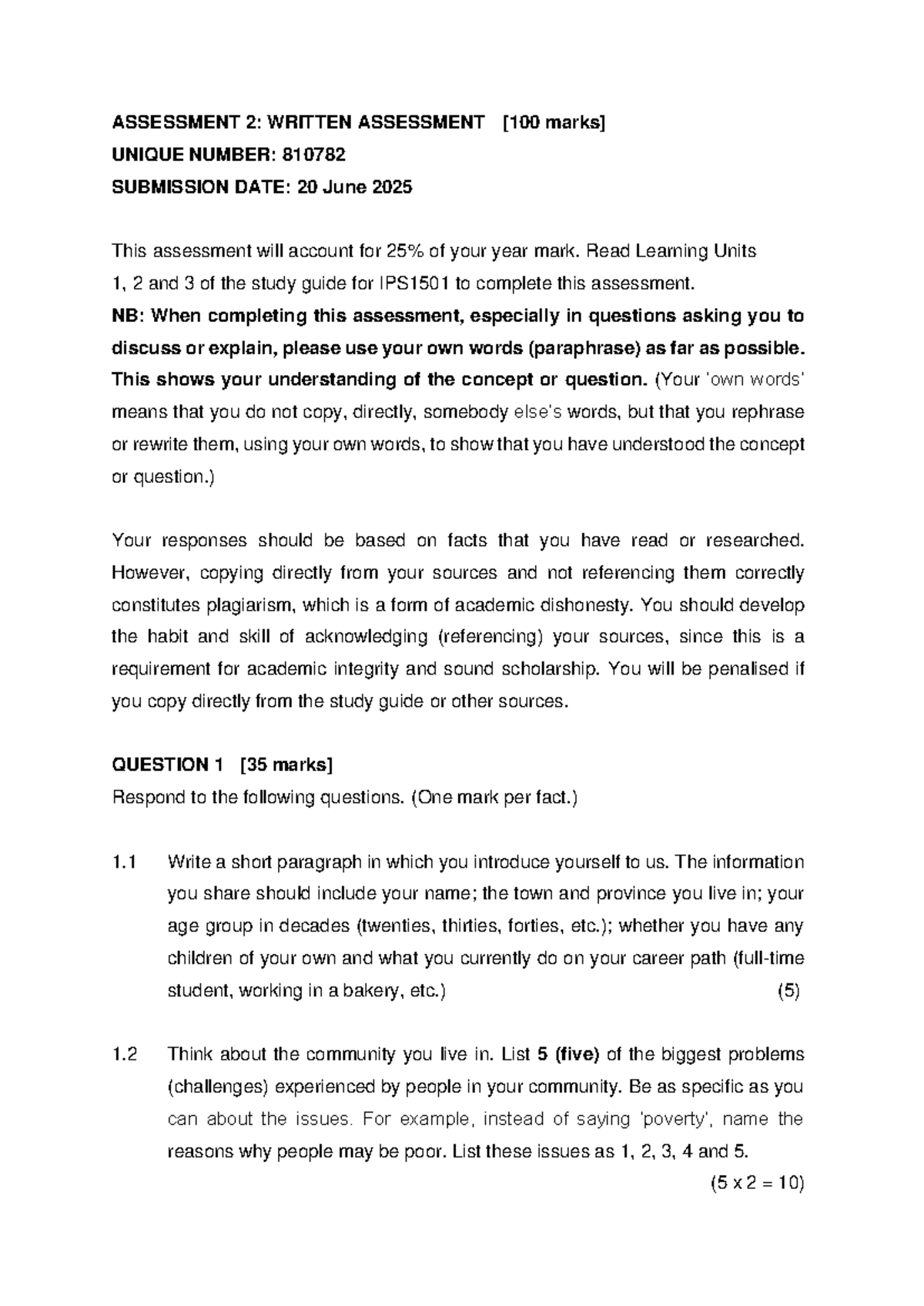 Assessment 2: Written Assignment for IPS1501 - Unique Number 810782 ...