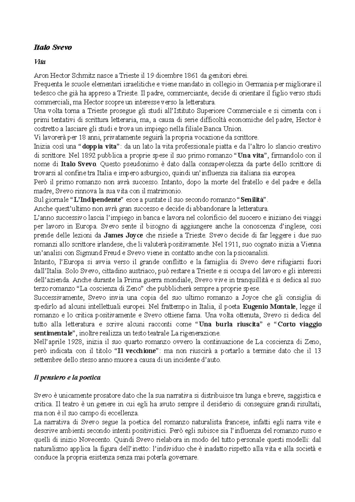 Italo Svevo: Riassunto Completo di Vita e Opere Principali - Studocu