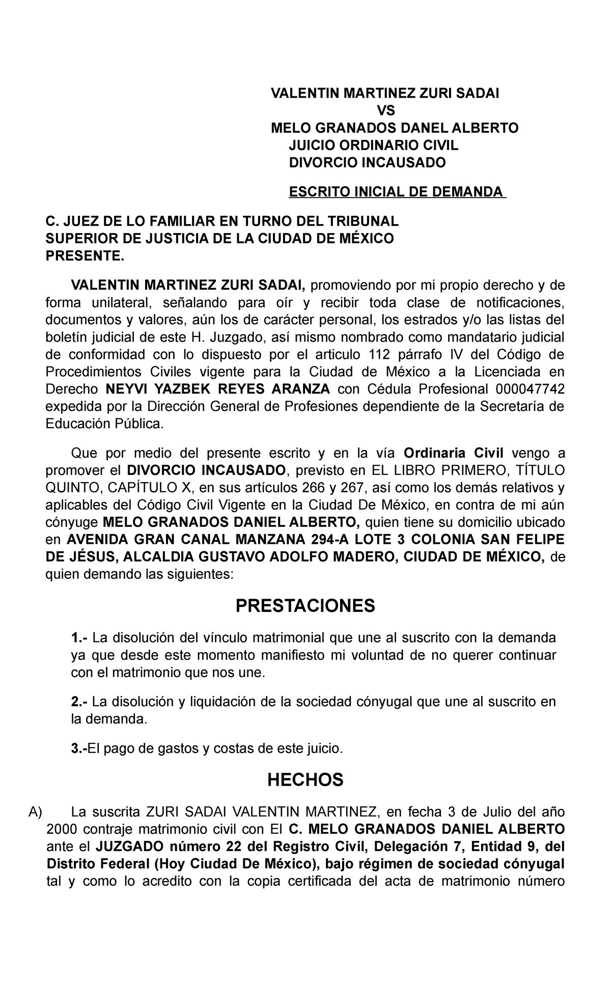 Divorcio Incausado - 7 semestre - VALENTIN MARTINEZ ZURI SADAI VS MELO ...