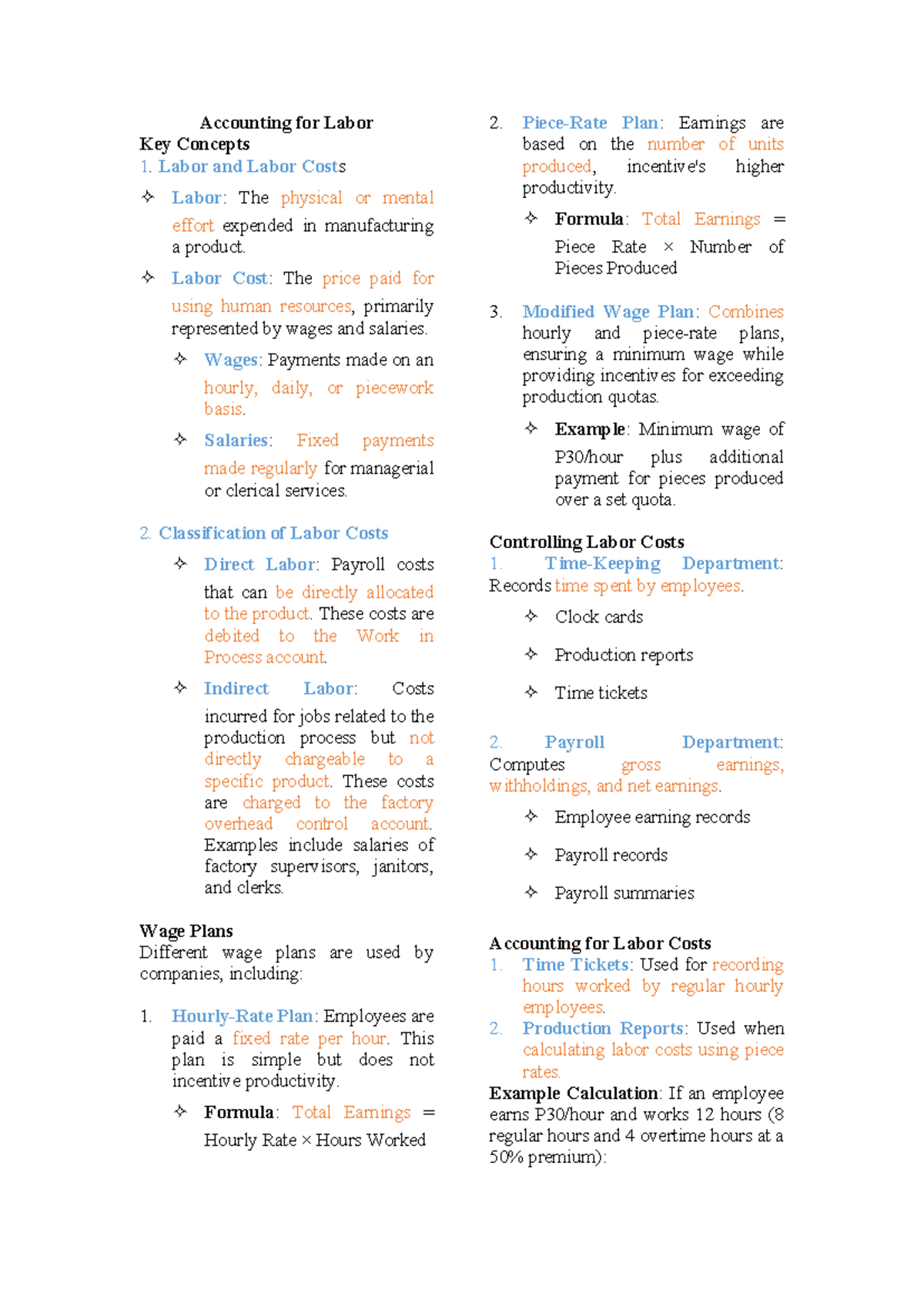 Labor Cost Accounting: Key Concepts & Wage Plans Overview - Studocu