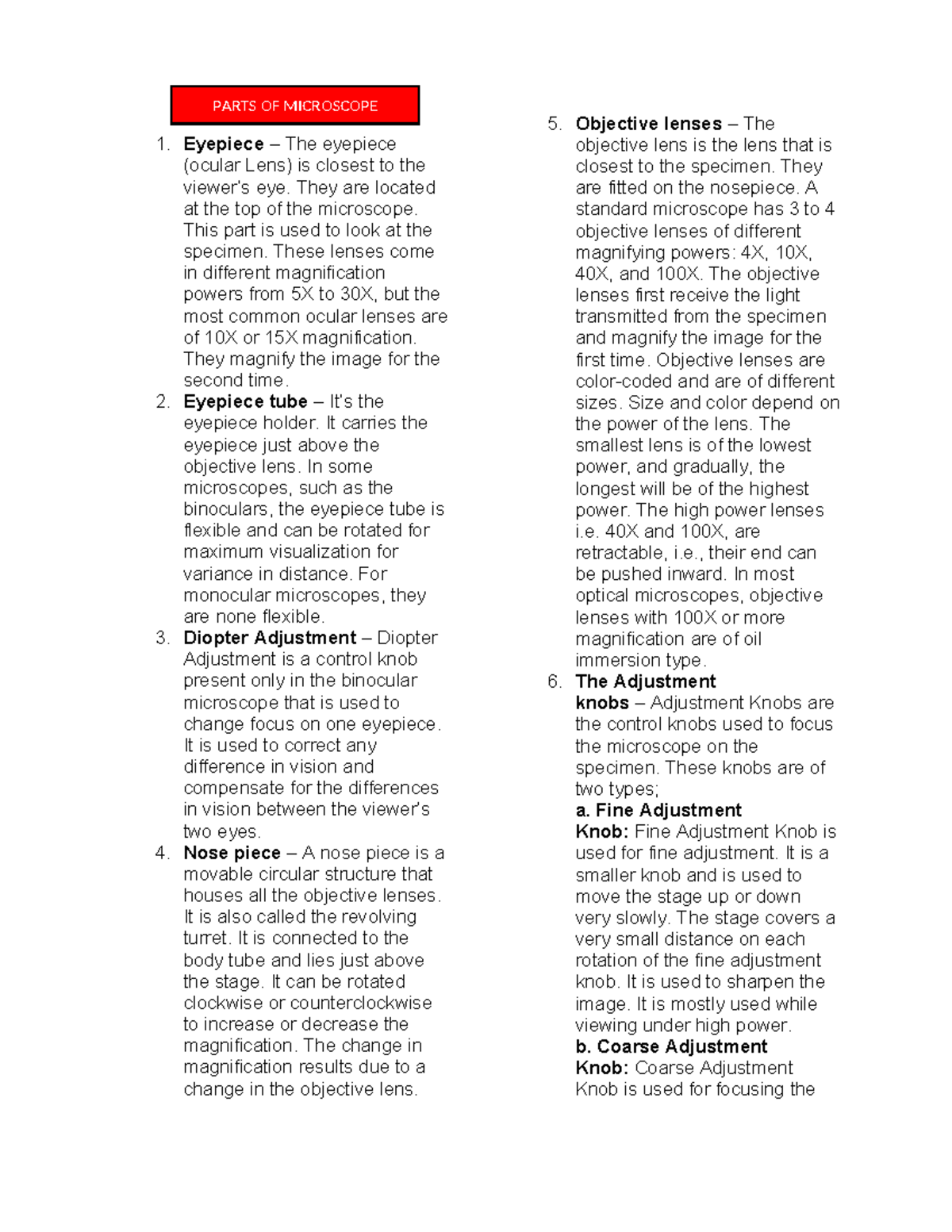 Microscope Parts Overview: Key Components & Functions - Studocu