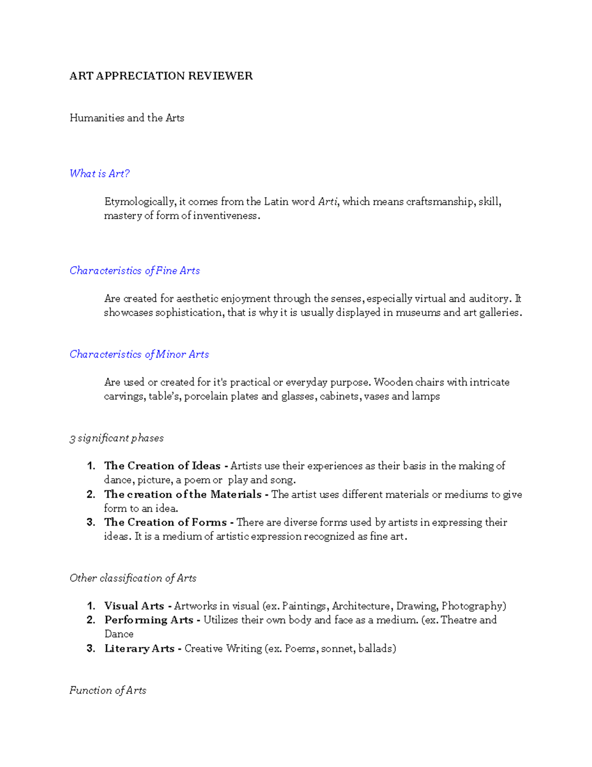 ART Appreciation Reviewer - ART APPRECIATION REVIEWER Humanities and ...