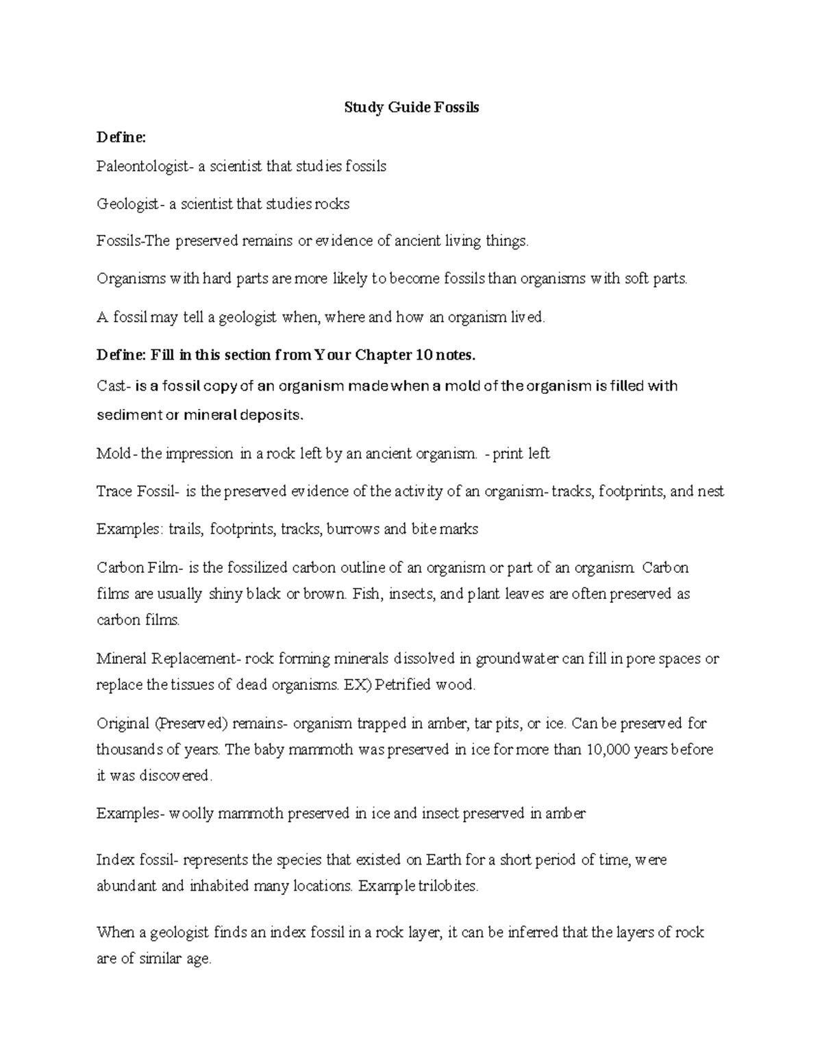 Fossils Study Guide: Key Concepts and Absolute Dating Methods - Study Guide Fossils Define ...