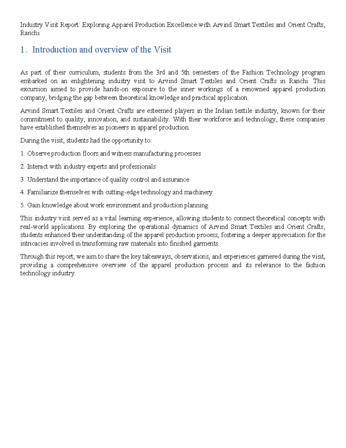 Industry Visit Report: Insights from Arvind Smart Textiles & Orient ...