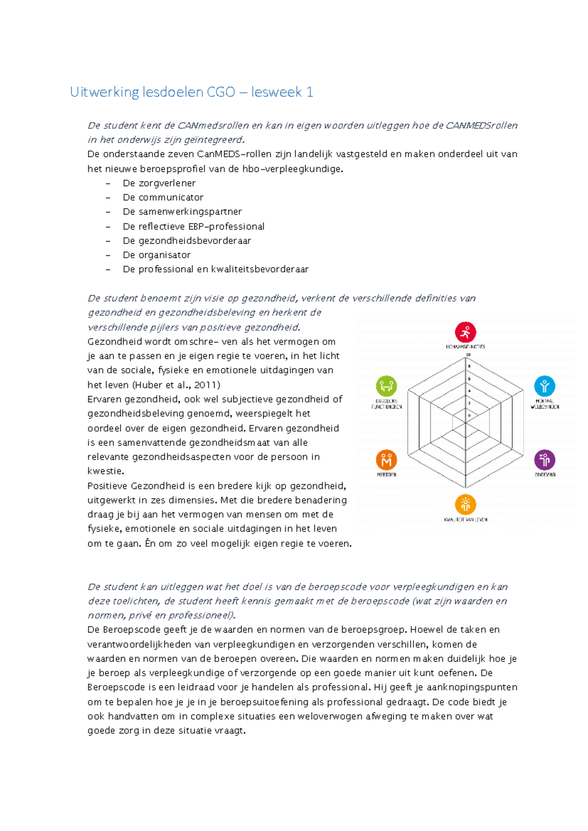Uitwerking Lesdoelen CGO - Lesweek 1 voor Verpleegkunde - Studeersnel