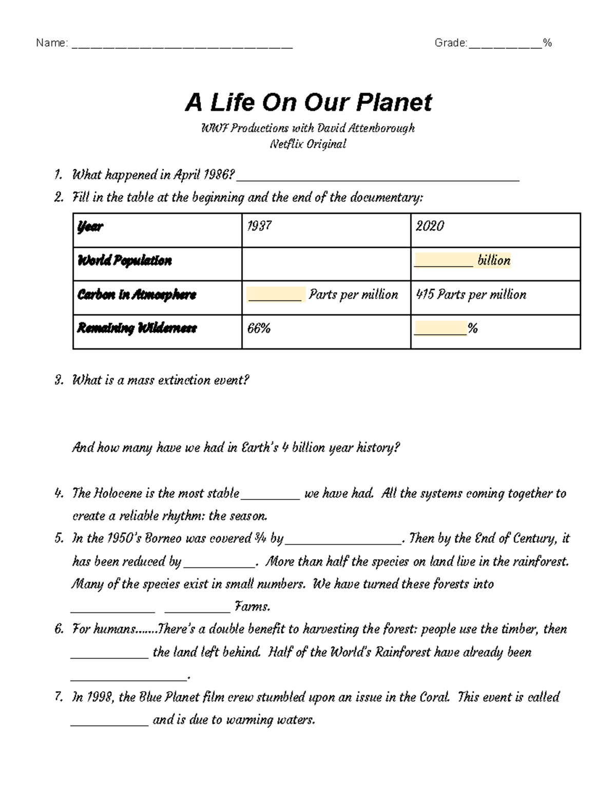 A Life on Our Planet Study Guide - WWF Documentary Analysis - Studocu