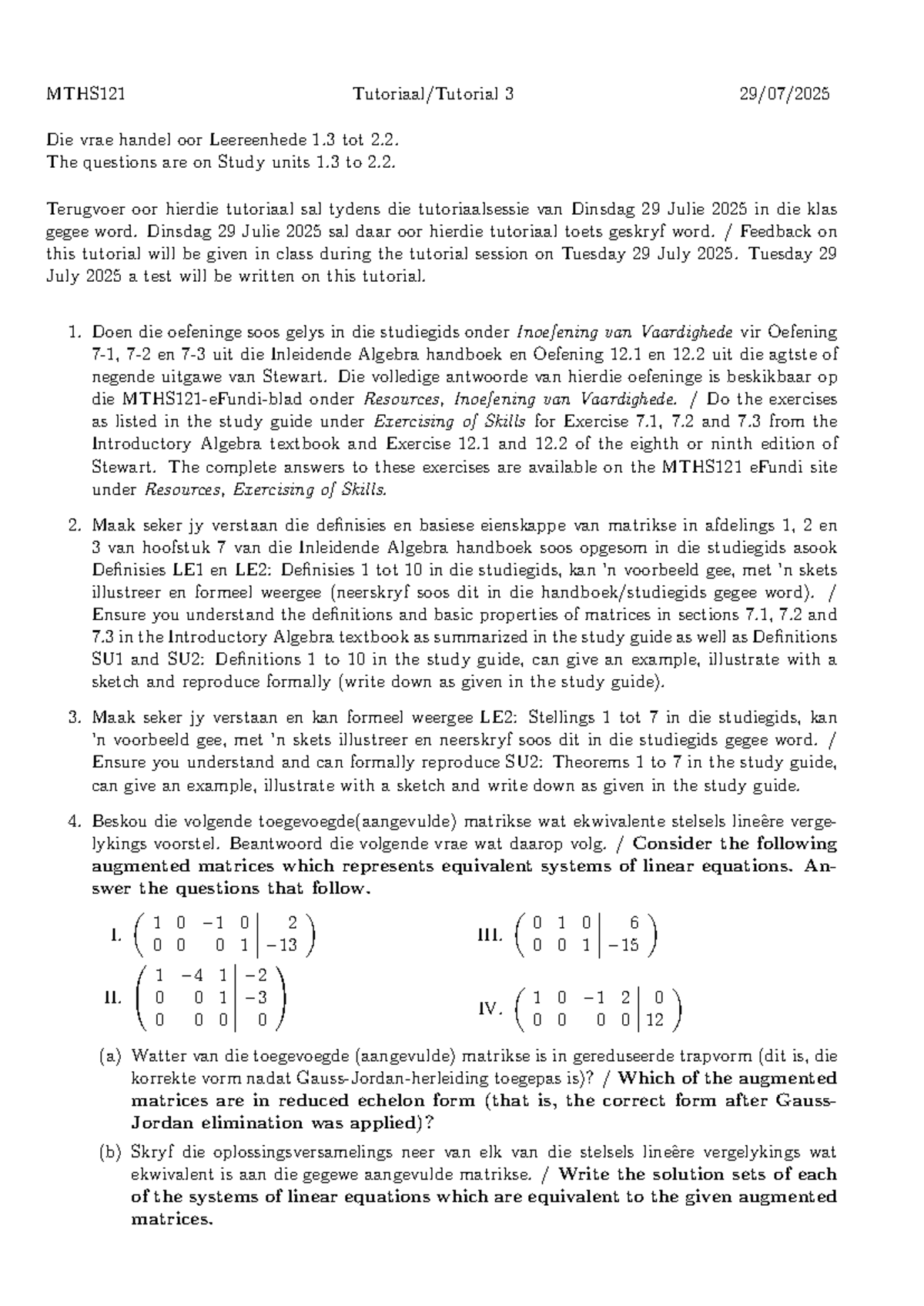 MTHS121 Tutorial 3: Study Units 1.3 to 2.2 Exercises and Feedback - Studocu