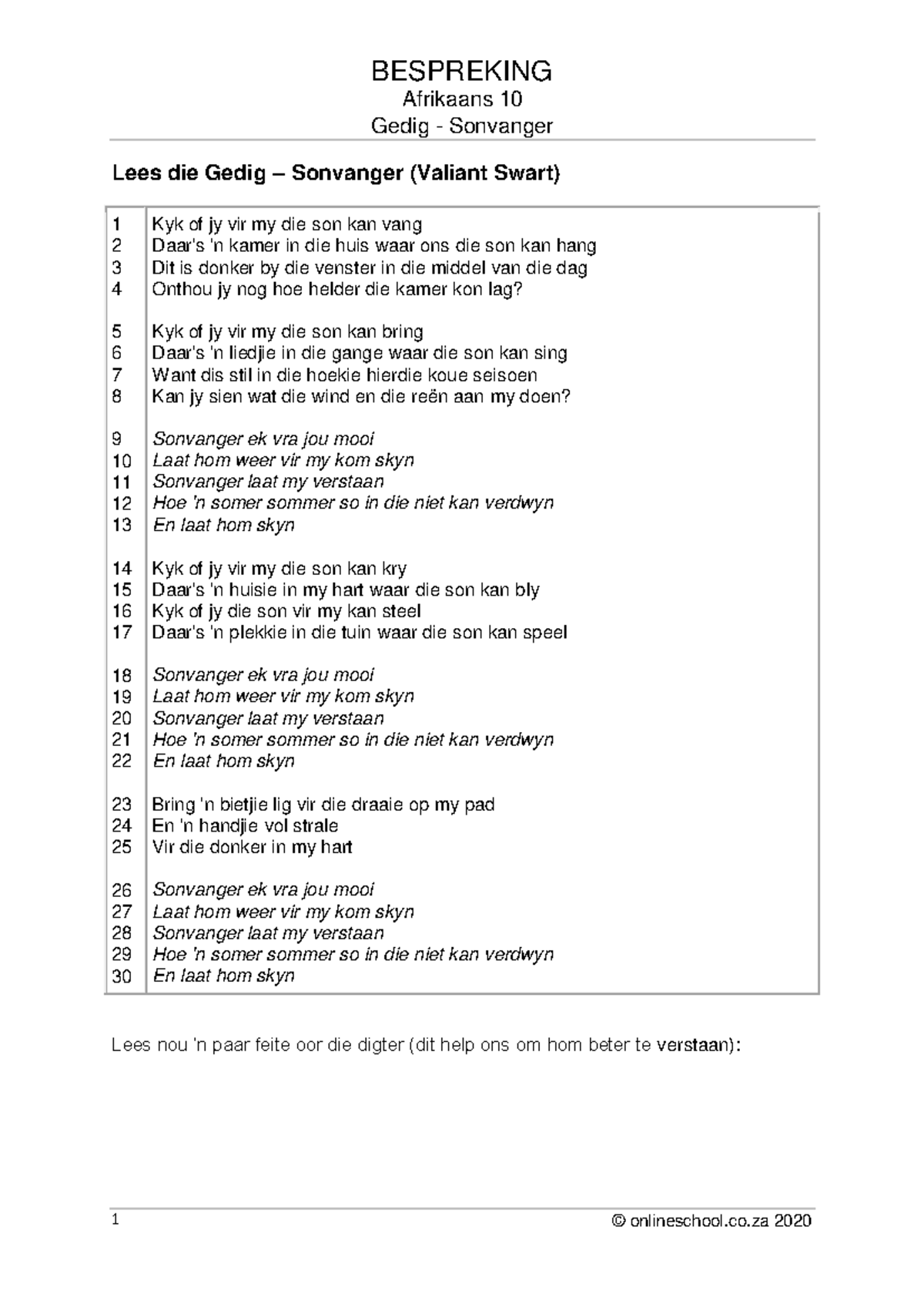 BESPREKING Afrikaans 10: Gedig Sonvanger deur Valiant Swart - Studocu