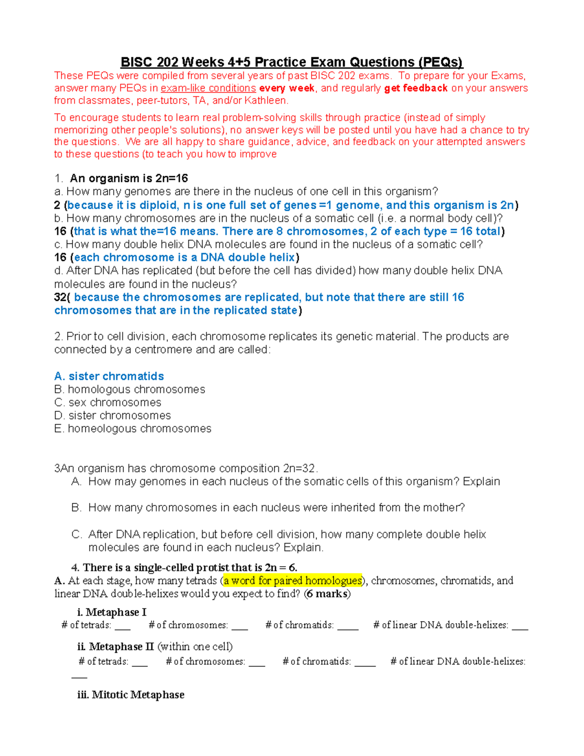 BISC 202 Practice Exam Questions (PEQs) on Genetics and Meiosis - Studocu