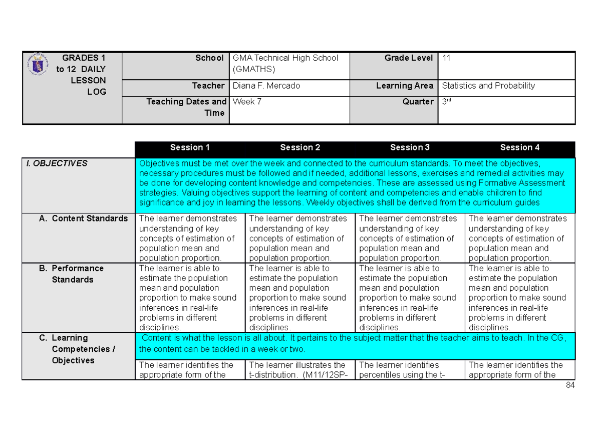Lesson Plan in Statistics WEEK 7 - GRADES 1 to 12 DAILY LESSON LOG ...