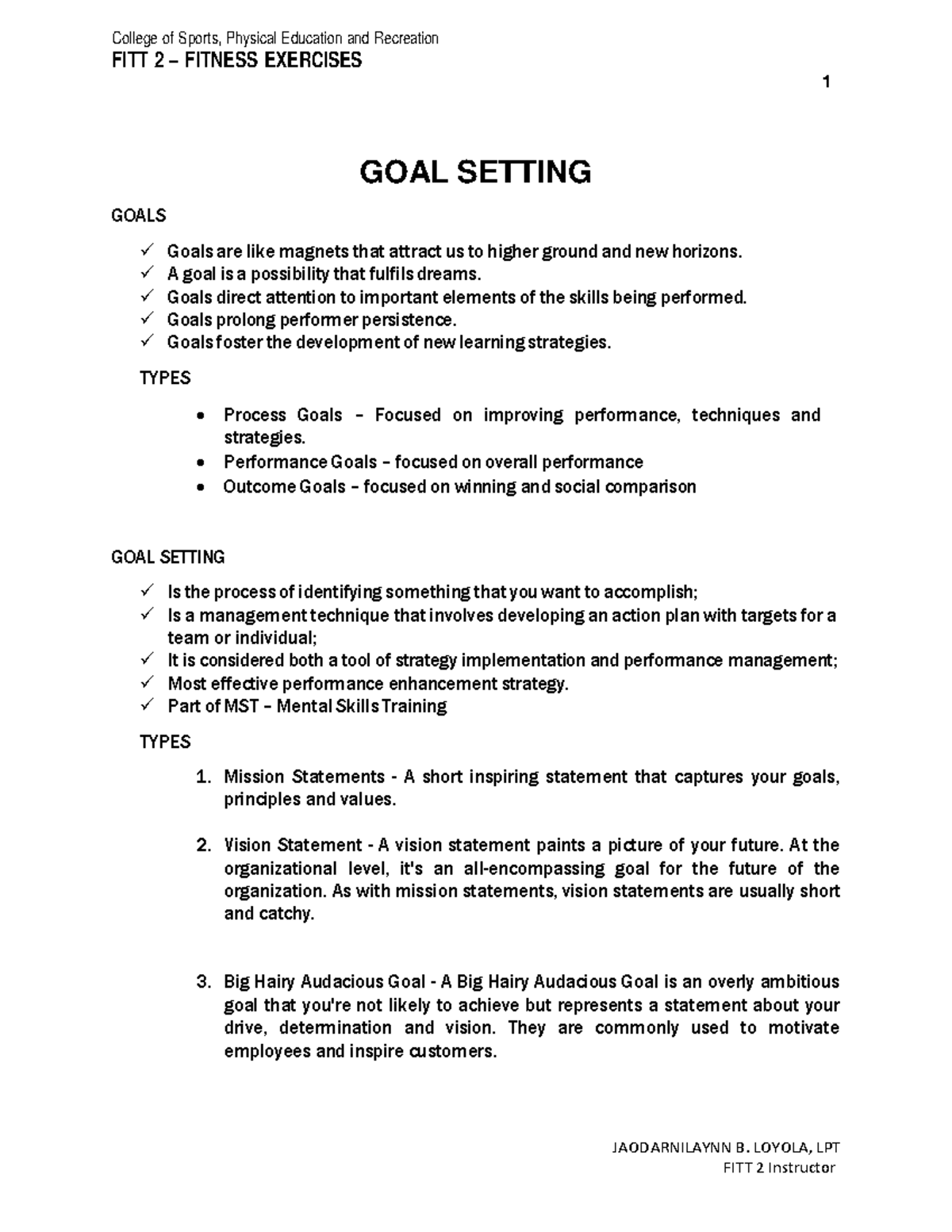 FITT-2 Lecture Handouts: Goal Setting & Fitness Exercises - Studocu