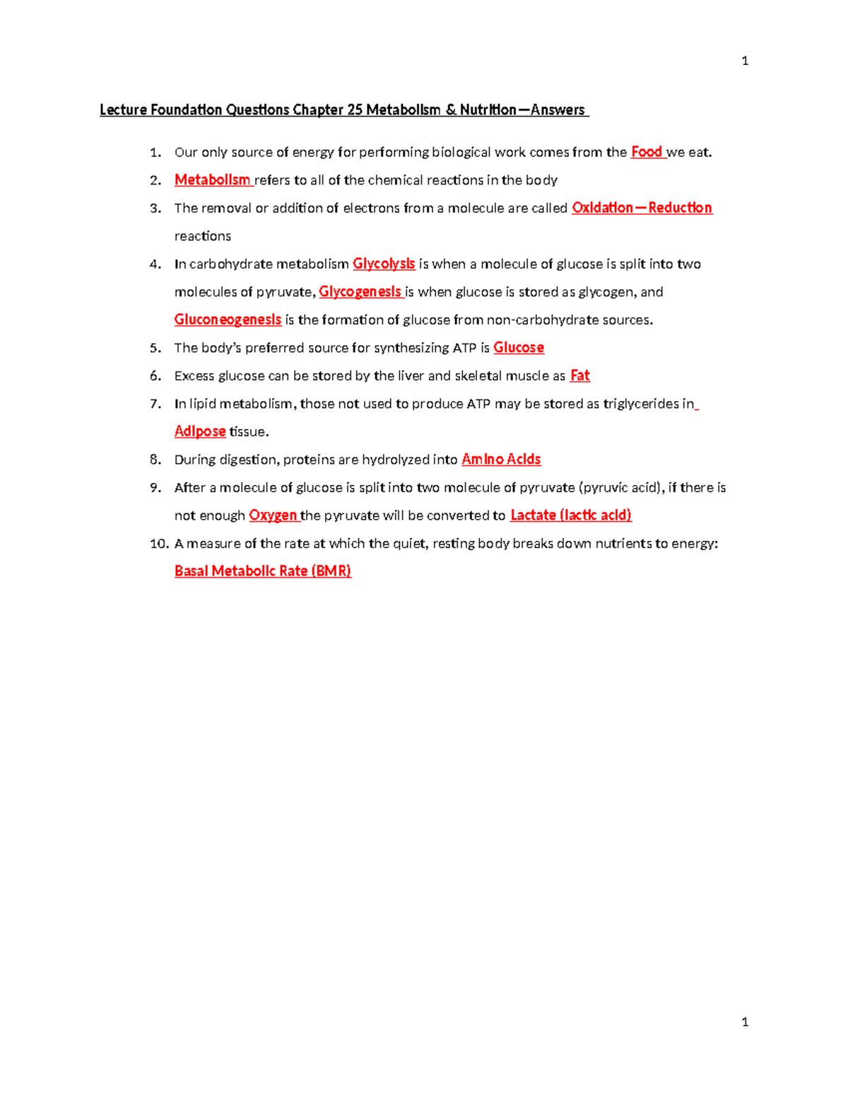 Lecture Foundation Questions Chapter 25: Metabolism & Nutrition Answers ...