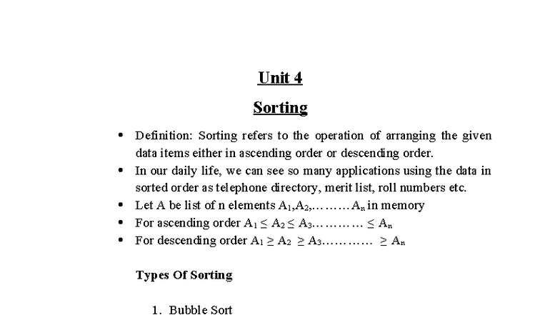 PSt Unit 4 Sorting Algorithms Overview and Techniques - Studocu