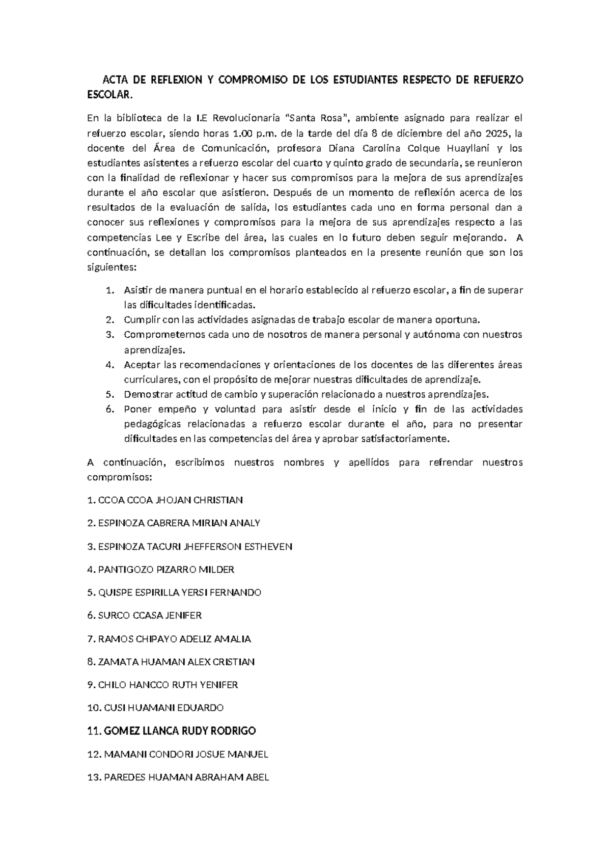ACTA DE REFLEXIÓN Y COMPROMISO DE ESTUDIANTES - REFUERZO ESCOLAR - Studocu
