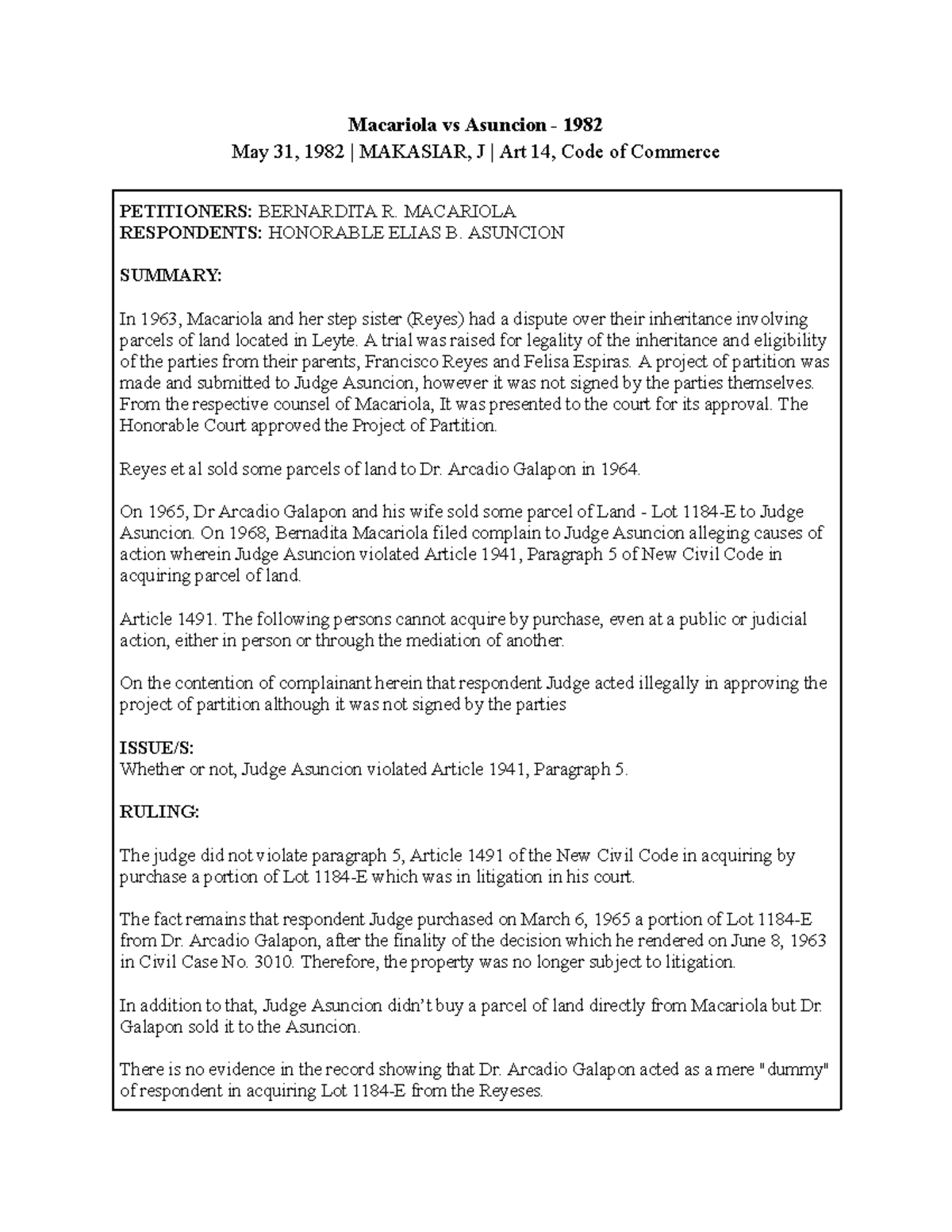 Macariola vs Asuncion Case Study - 1982 Legal Ruling Analysis - Studocu