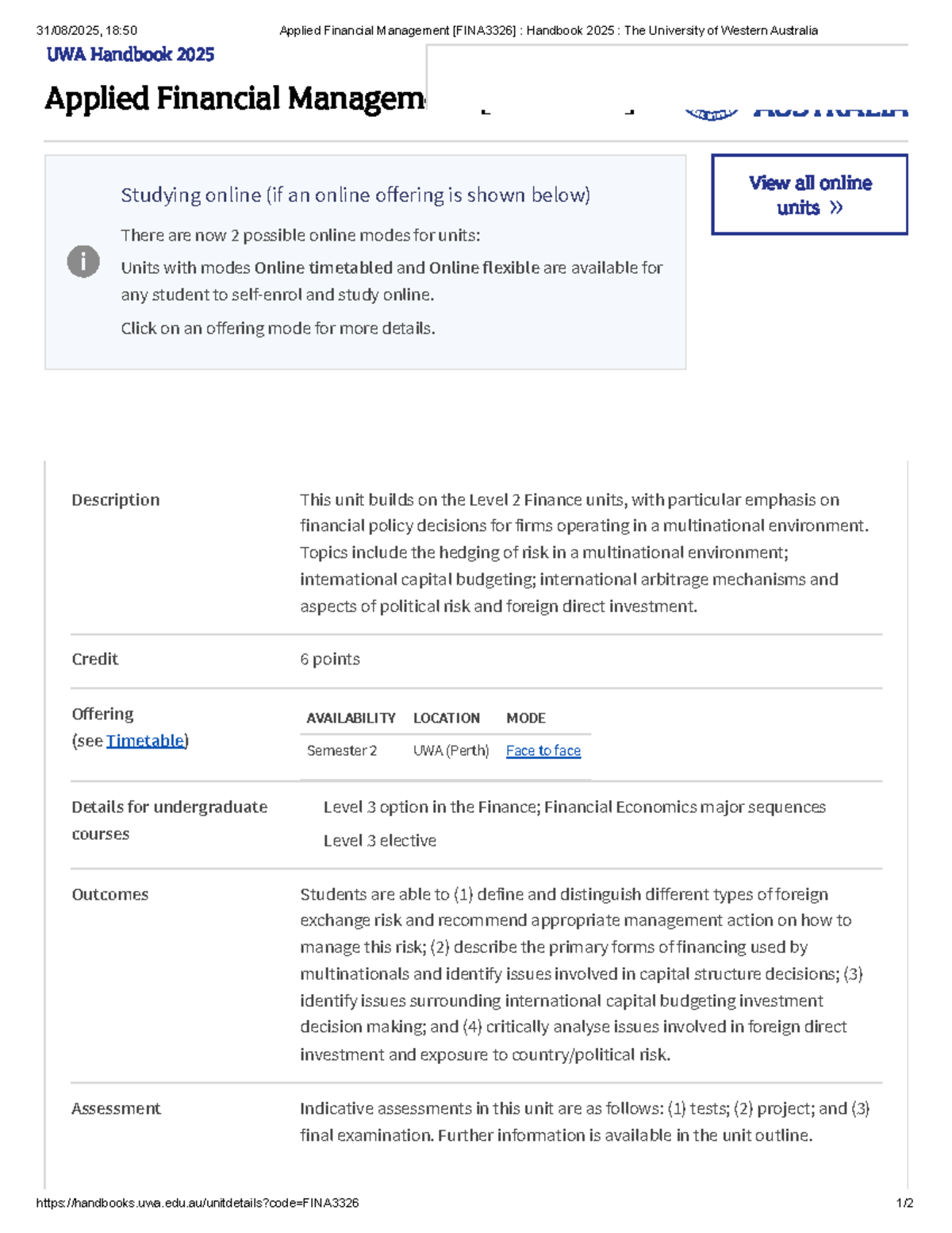 Applied Financial Management [FINA 3326] Handbook 2025 UWA - Studocu