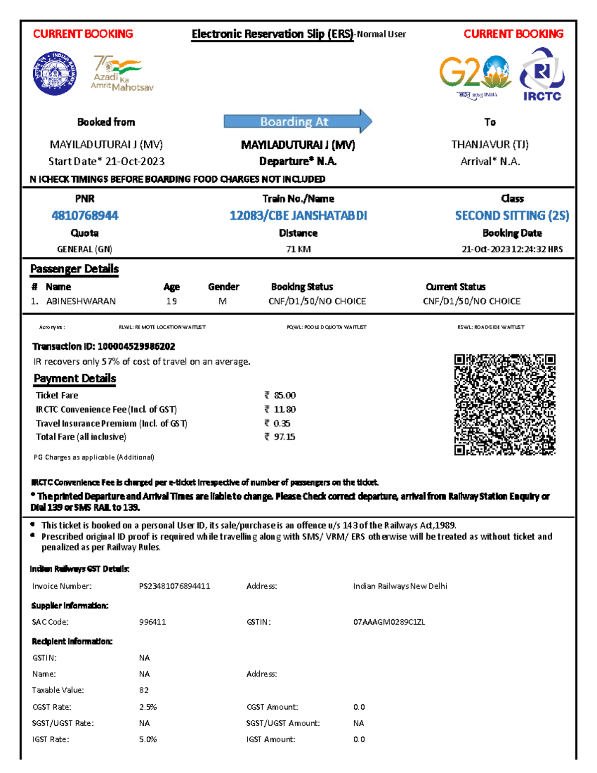 Electronic Reservation Slip (ERS) for Train No. 12083 - PNR 4810768944 ...