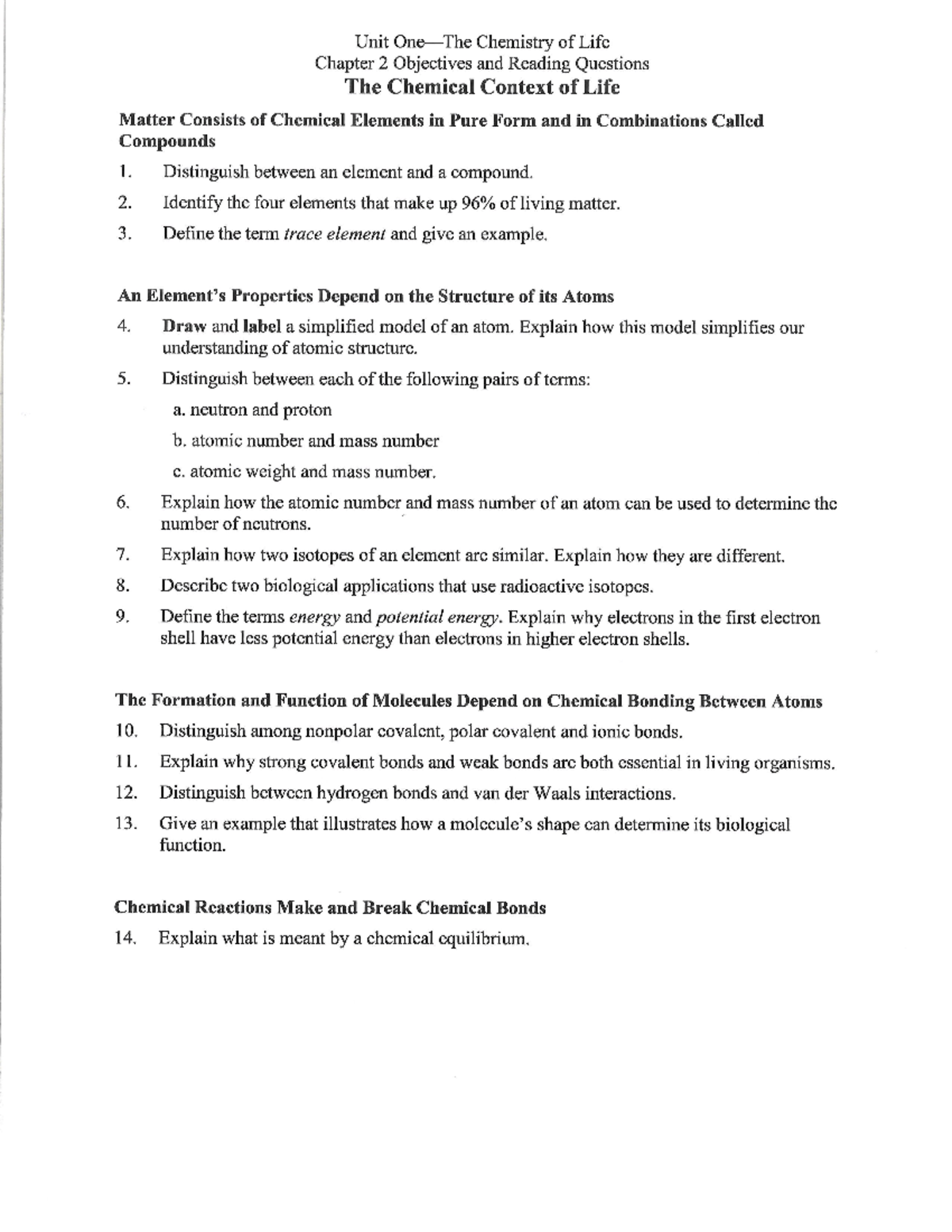 AP Biology - Unit 1 - Chapter 2 Study Guide for Admissions Exam - Studocu