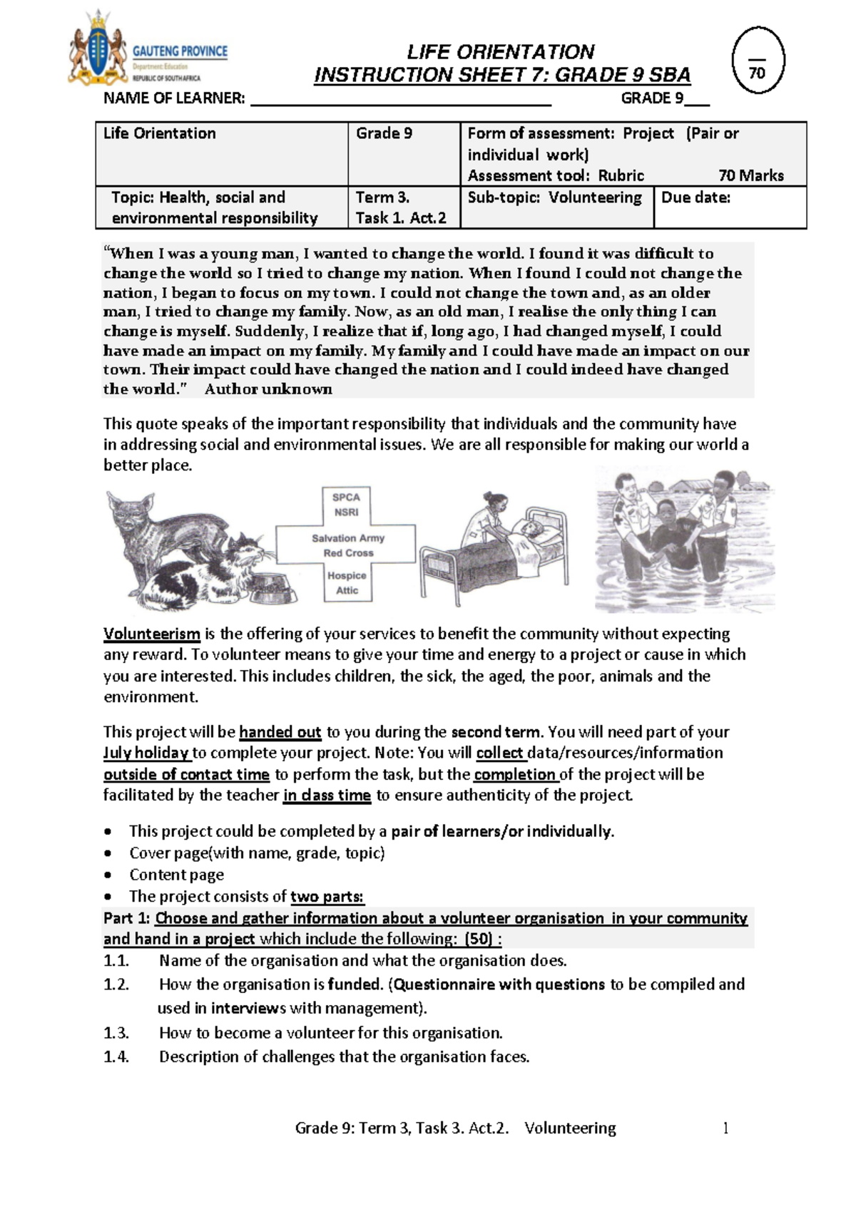 LIFE ORIENTATION GRADE 9: TERM 3 PROJECT ON VOLUNTEERING - Studocu