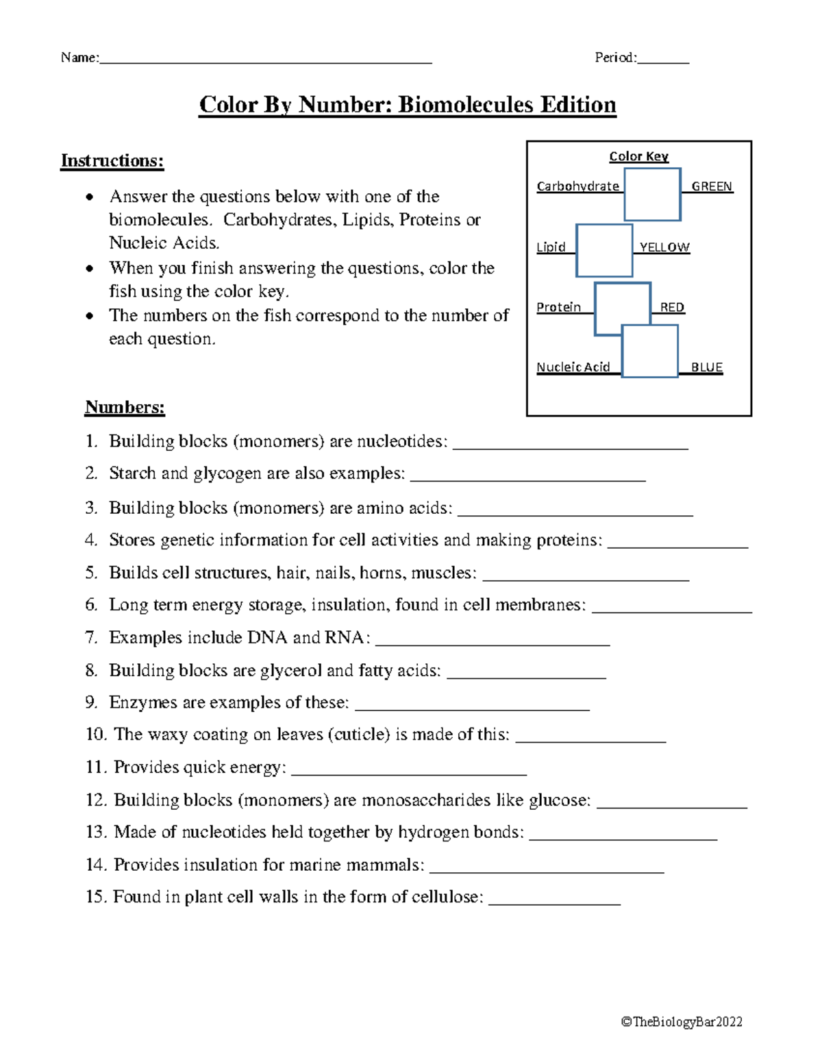 Biomolecules Color By Number Activity: Student Edition - Studocu
