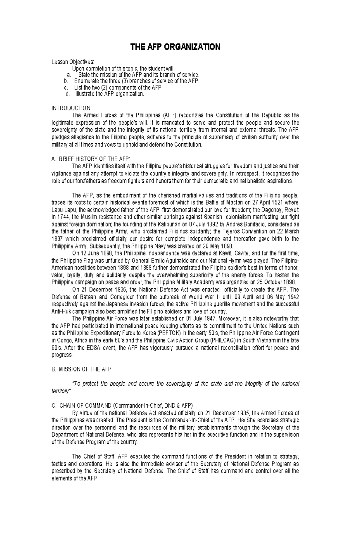 THE-AFP- Organization - THE AFP ORGANIZATION Lesson Objectives: Upon ...