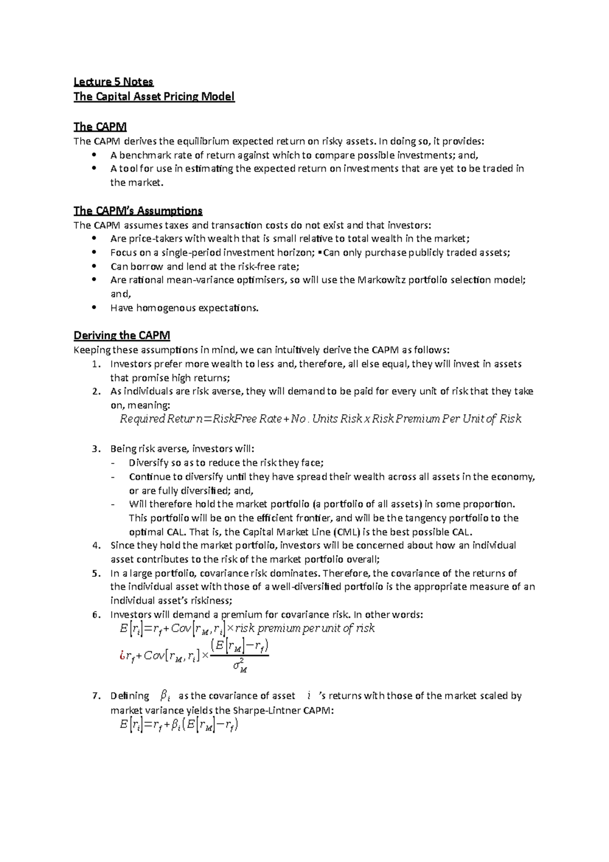 Lecture 5 Notes: The Capital Asset Pricing Model (CAPM) - Studocu