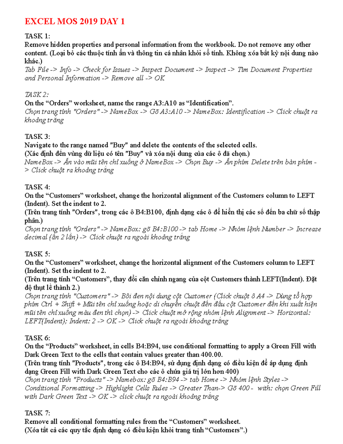 Excel MOS 2019: Day 1 & Day 2 Tasks Overview and Instructions - Studocu