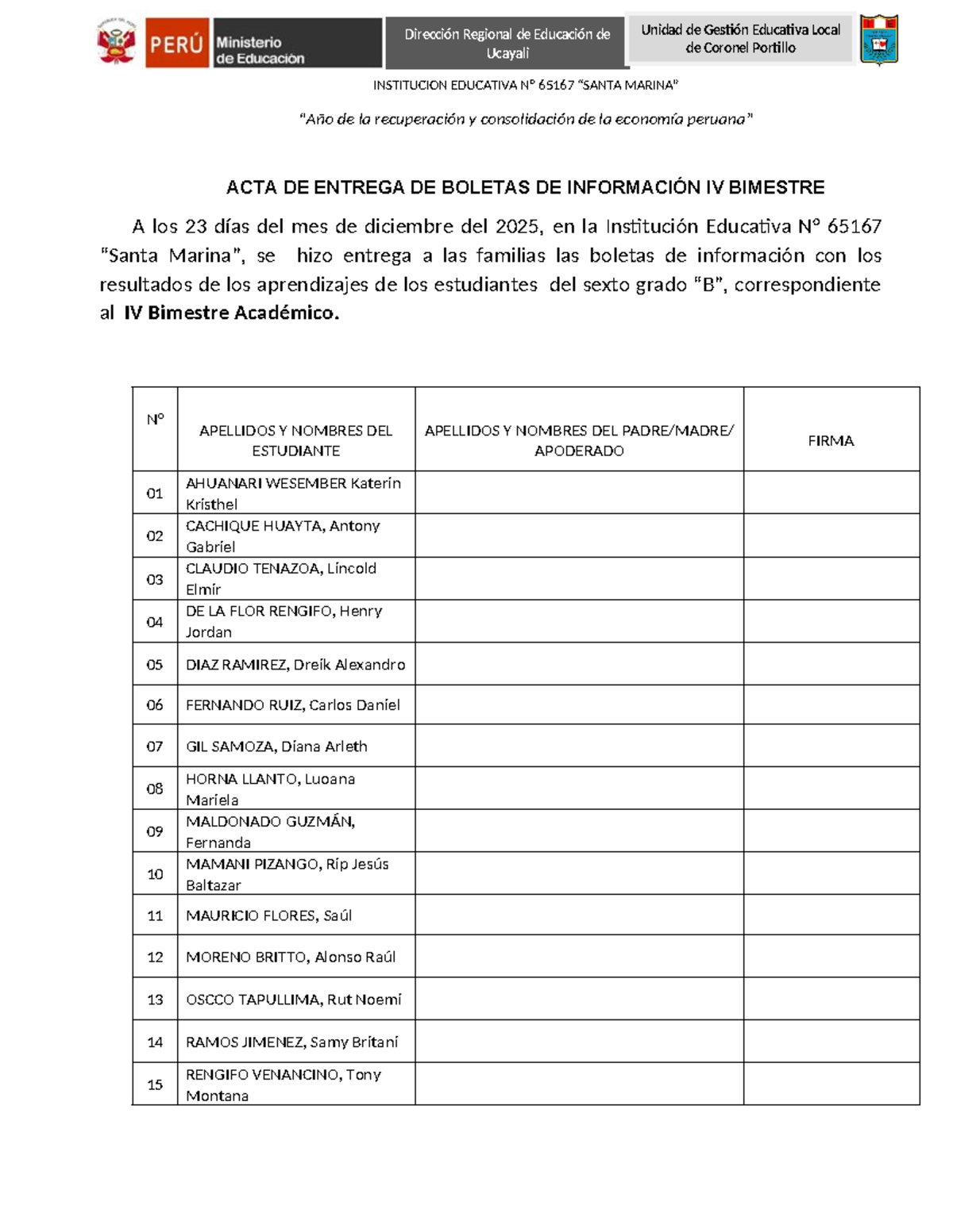 ACTA DE ENTREGA DE BOLETAS DE INFORMACIÓN IV BIMESTRE 65167 - Studocu