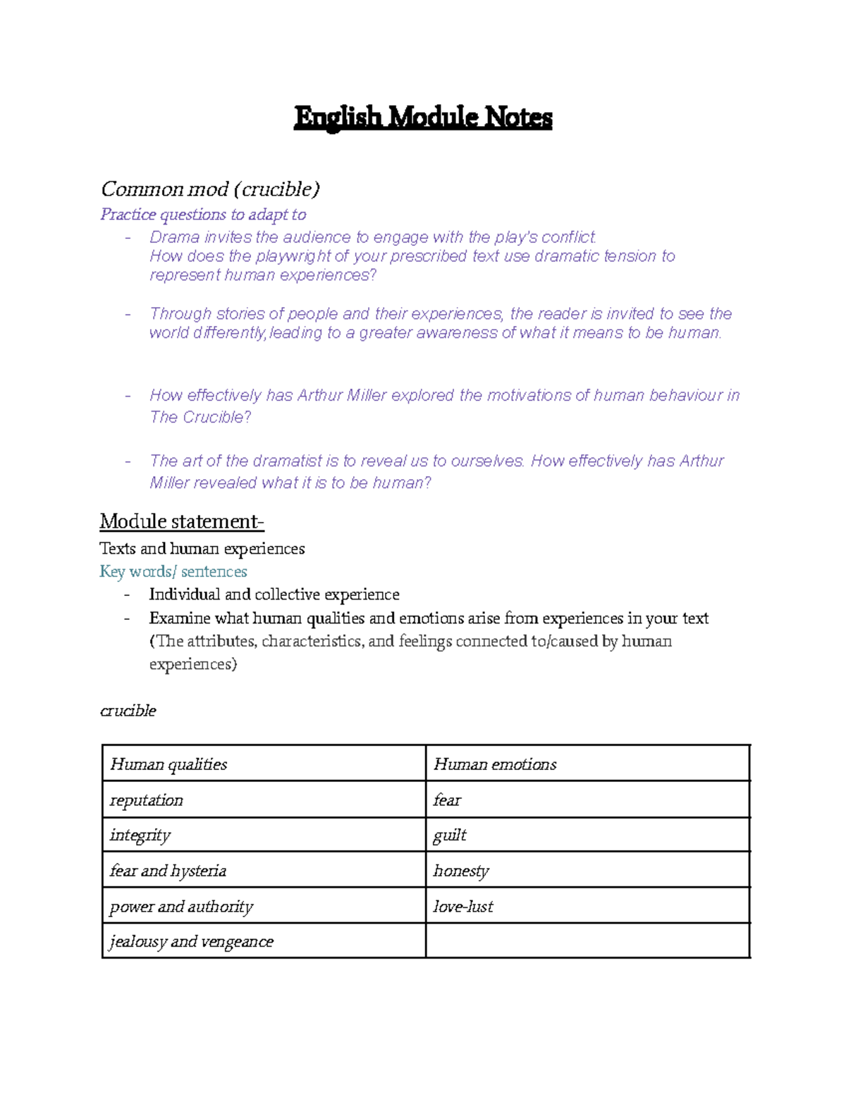 English Module Notes: Human Experiences in The Crucible (Common Mod ...