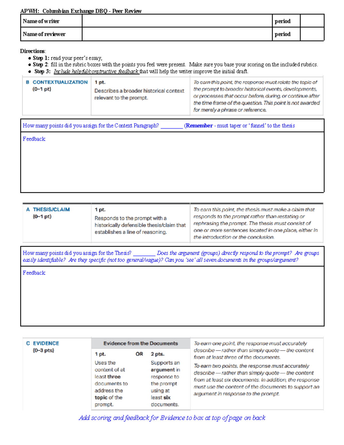 APWH: Columbian Exchange DBQ Peer Review Guidelines - Studocu