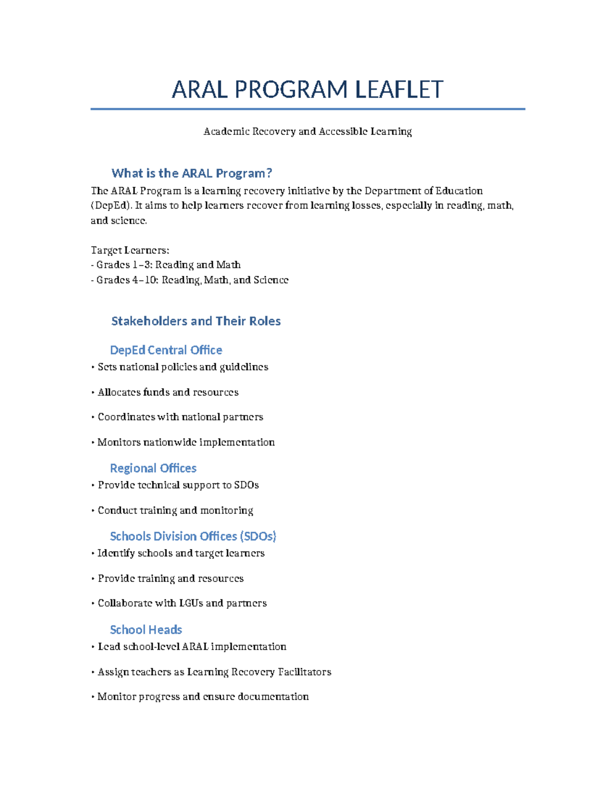 ARAL Program Leaflet: Academic Recovery & Accessible Learning - Studocu