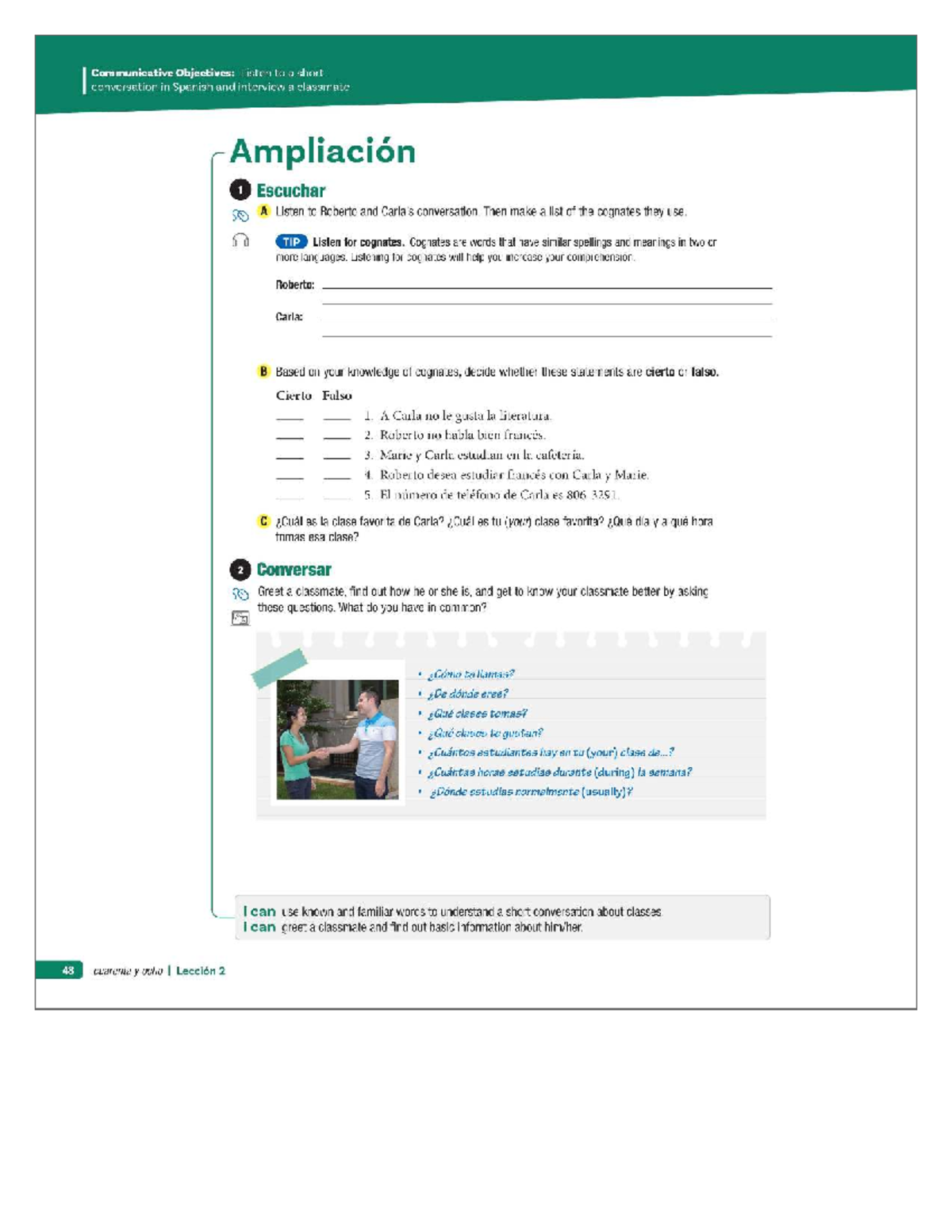 Spanish Listening & Interview Objectives: Cognates & Classmate ...