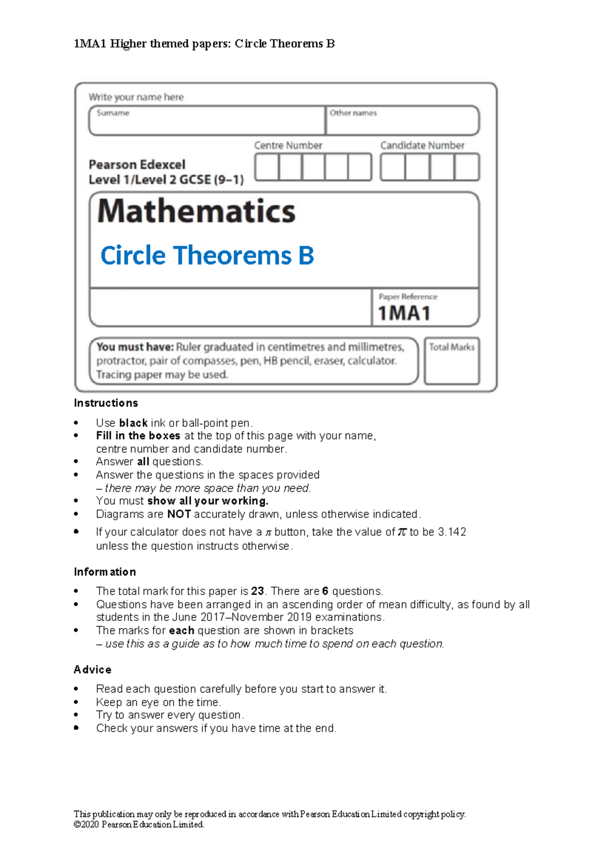 1MA1 Higher Themed Papers: Circle Theorems B Question Paper - Studocu
