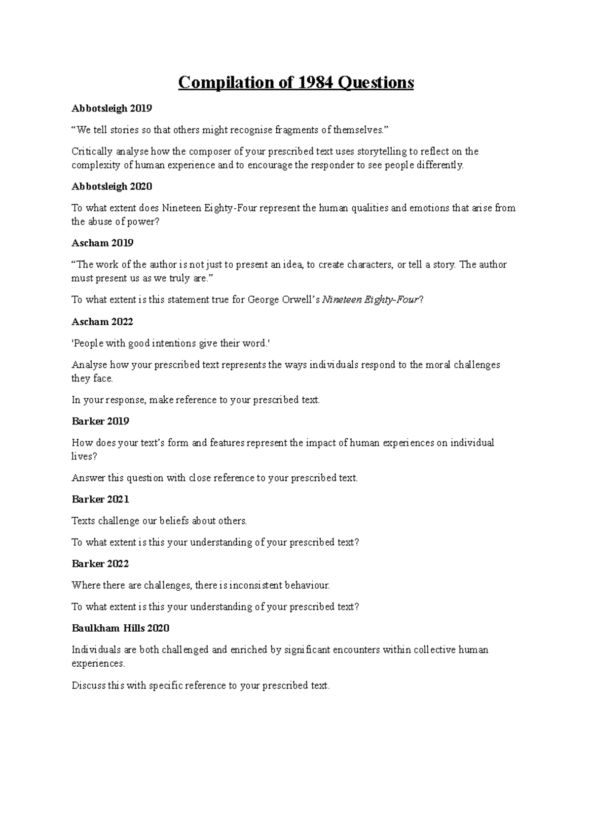 Compilation of Nineteen Eighty-Four Essay Questions (Eng 101) - Studocu