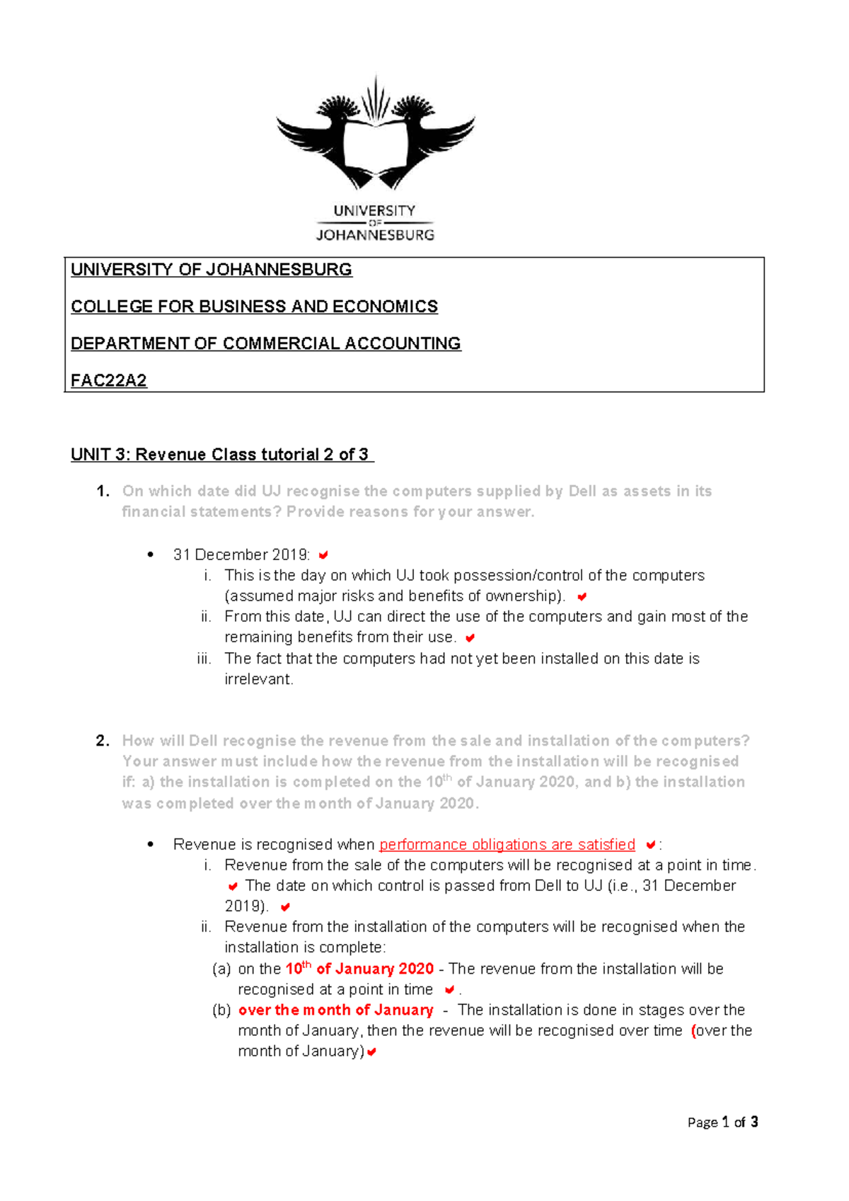 Revenue Class Tutorial Solution FAC22A2 Week 2 of 3 - 2025 - Studocu