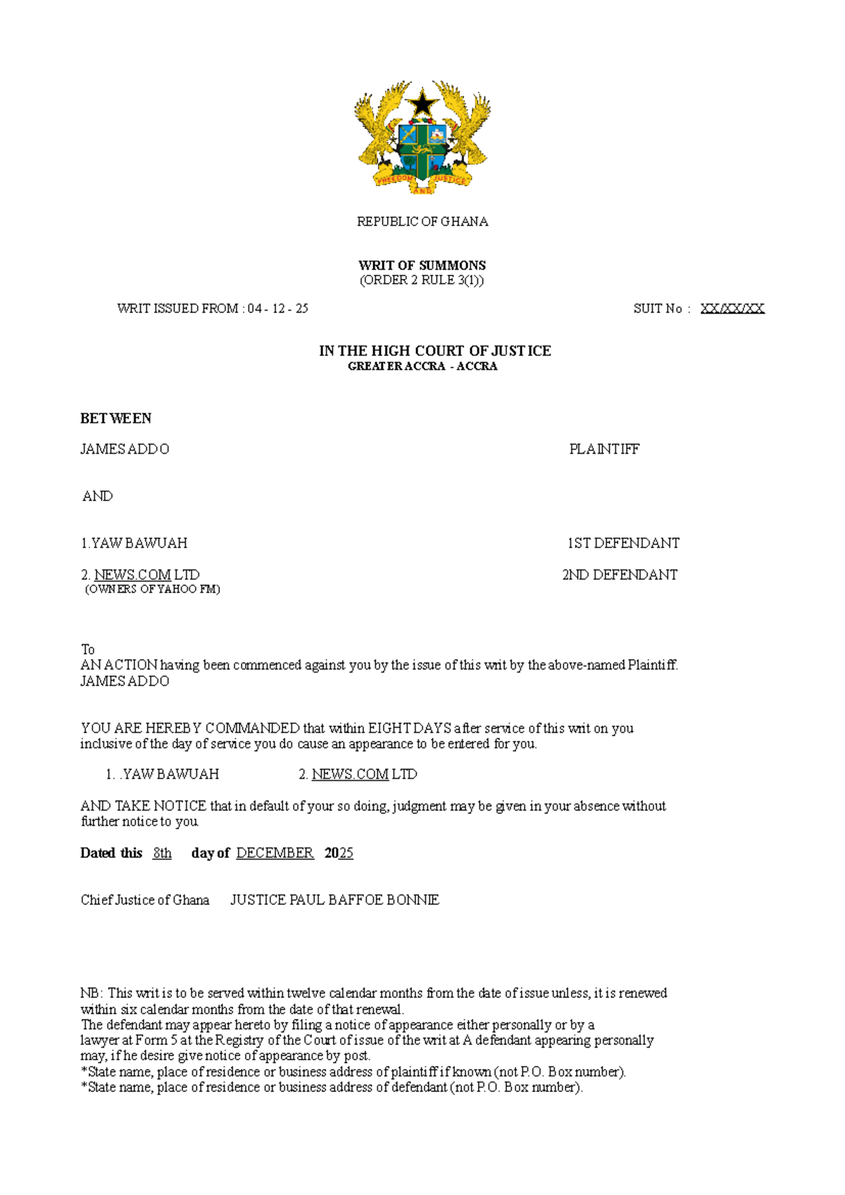 Writ of Summons - High Court of Justice, Suit No: 04 12 25 - Studocu