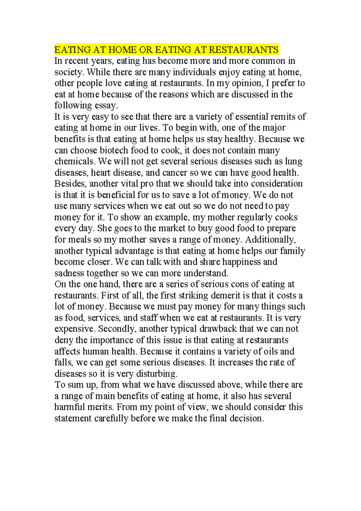 Eating at Home vs. Restaurants: A Comparative Analysis Essay - Studocu