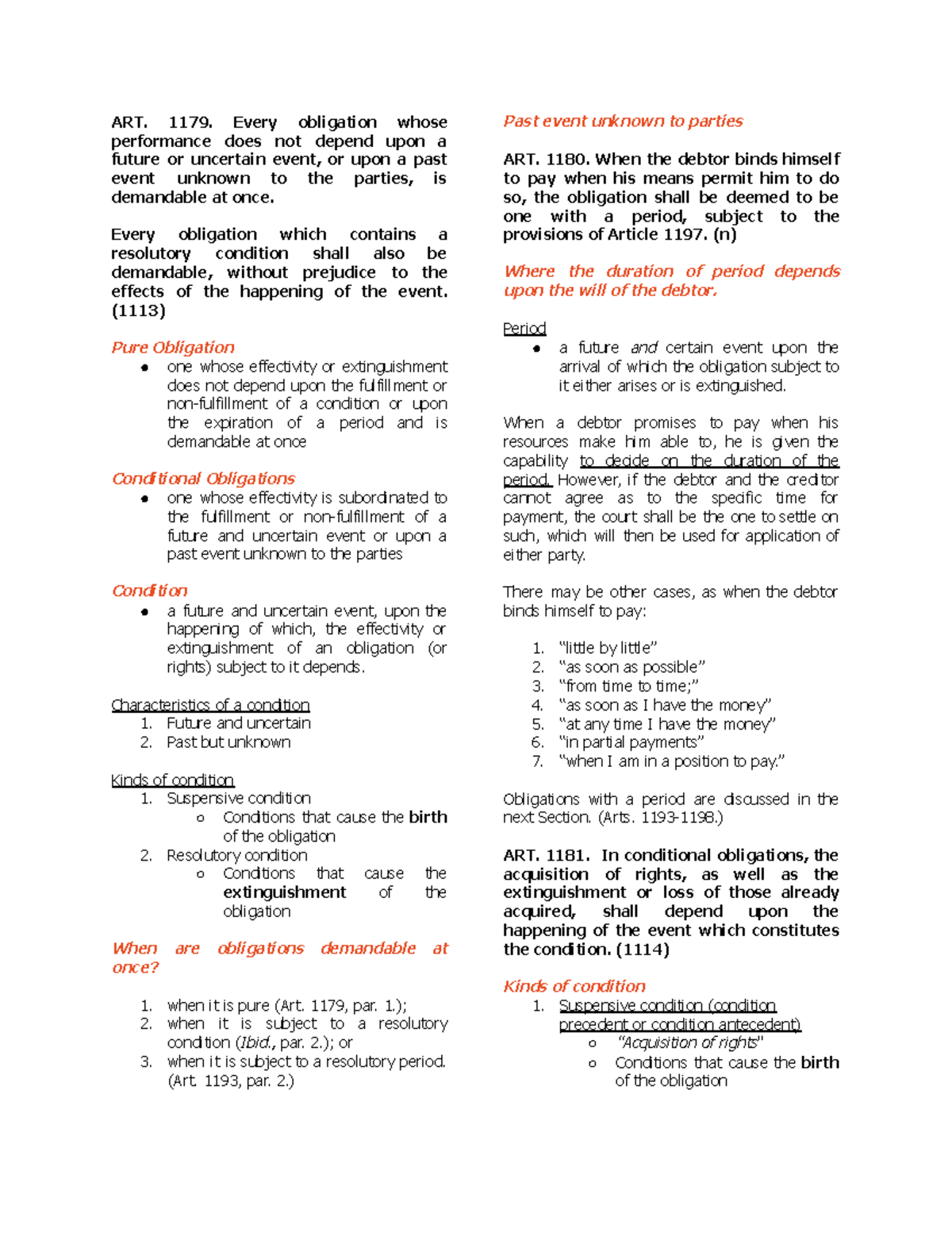 [Coblaw 1] Notes on Articles 1179-1192: Types of Obligations - Studocu