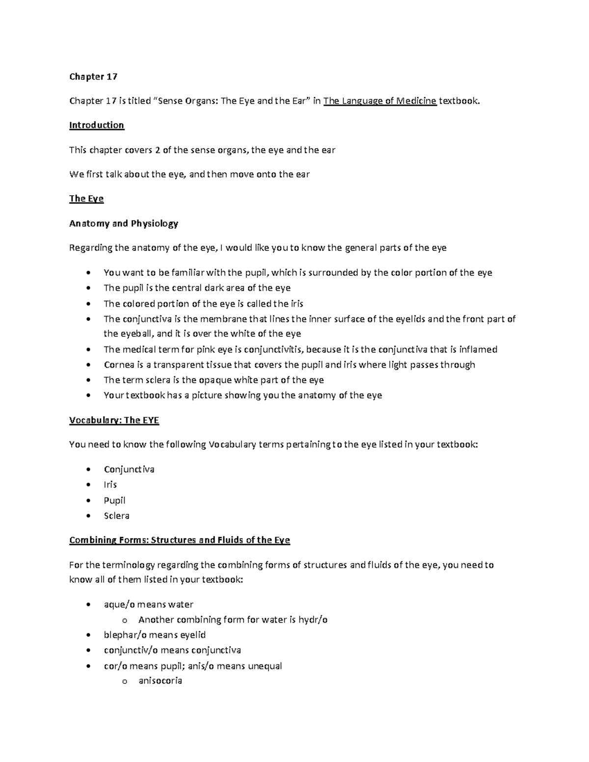 Chapter 17 Notes: Understanding the Eye and Ear Anatomy - Studocu