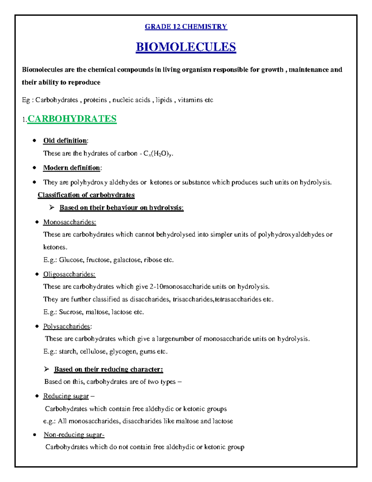 Biomolecules - GRADE 12 CHEMISTRY LECTURE NOTES - Studocu