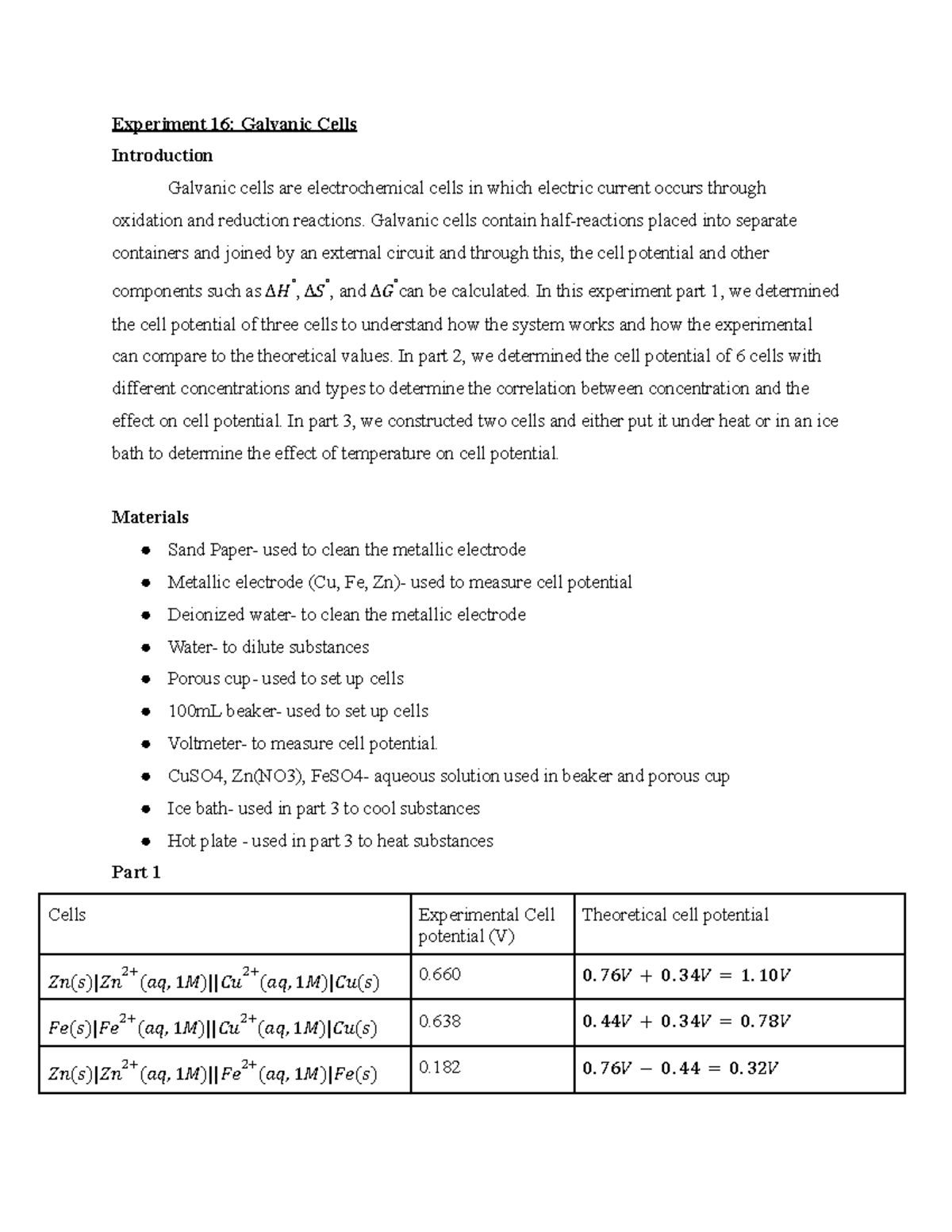Experiment 16 - Experiment 16: Galvanic Cells Introduction Galvanic ...