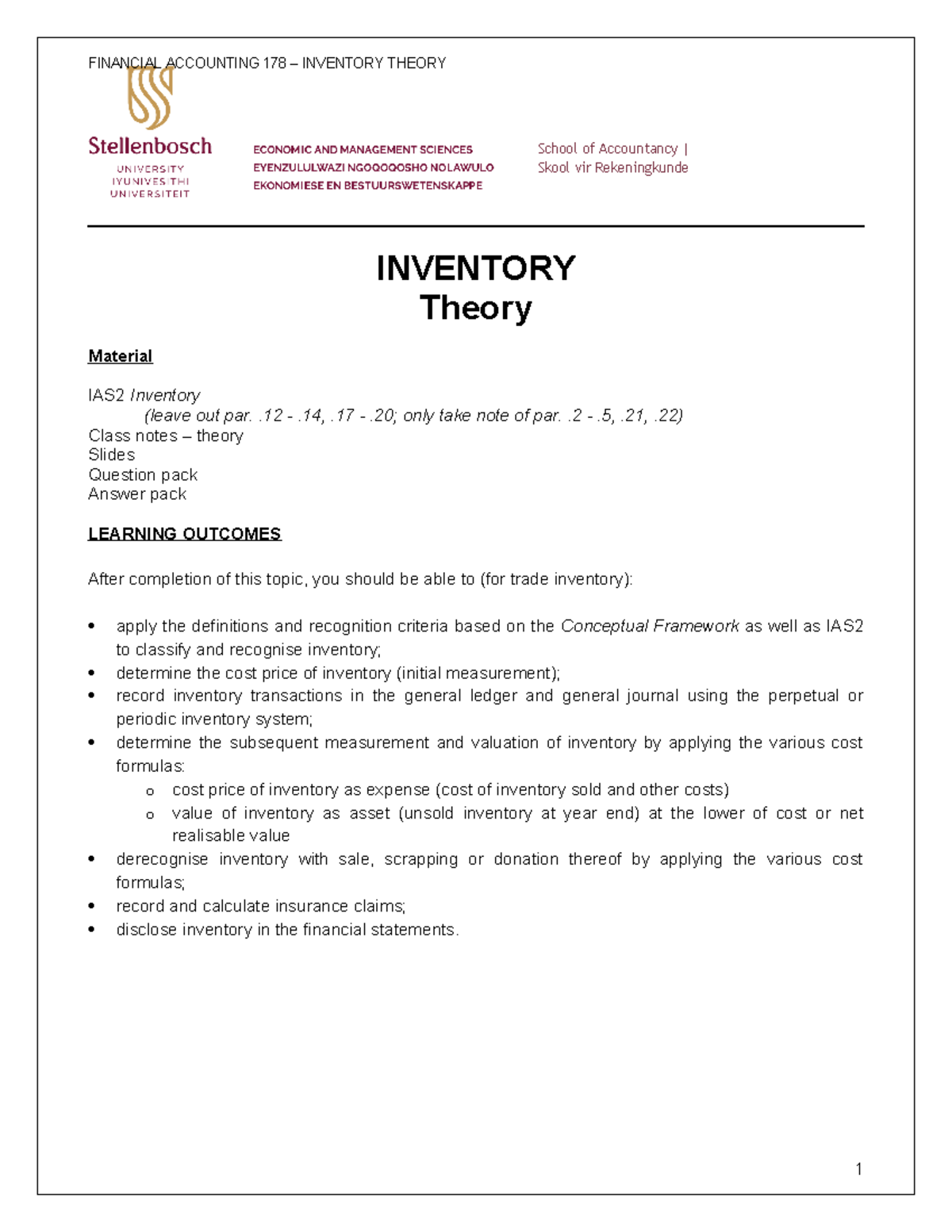 Inventory Theory and Valuation - Course Code: ACC2024 - Studocu