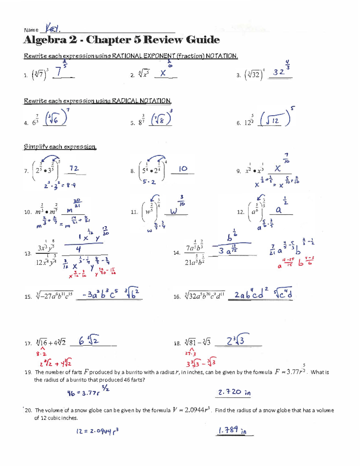 Algebra 2 - Chapter 5 Review Key for Rational & Radical Notation - Studocu